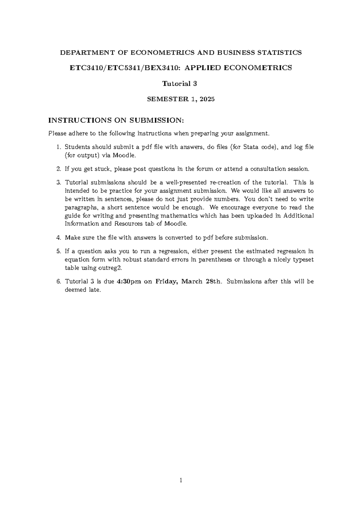 Applied Econometrics Tutorial 3 Instructions - SEM 1, 2025 - Studocu