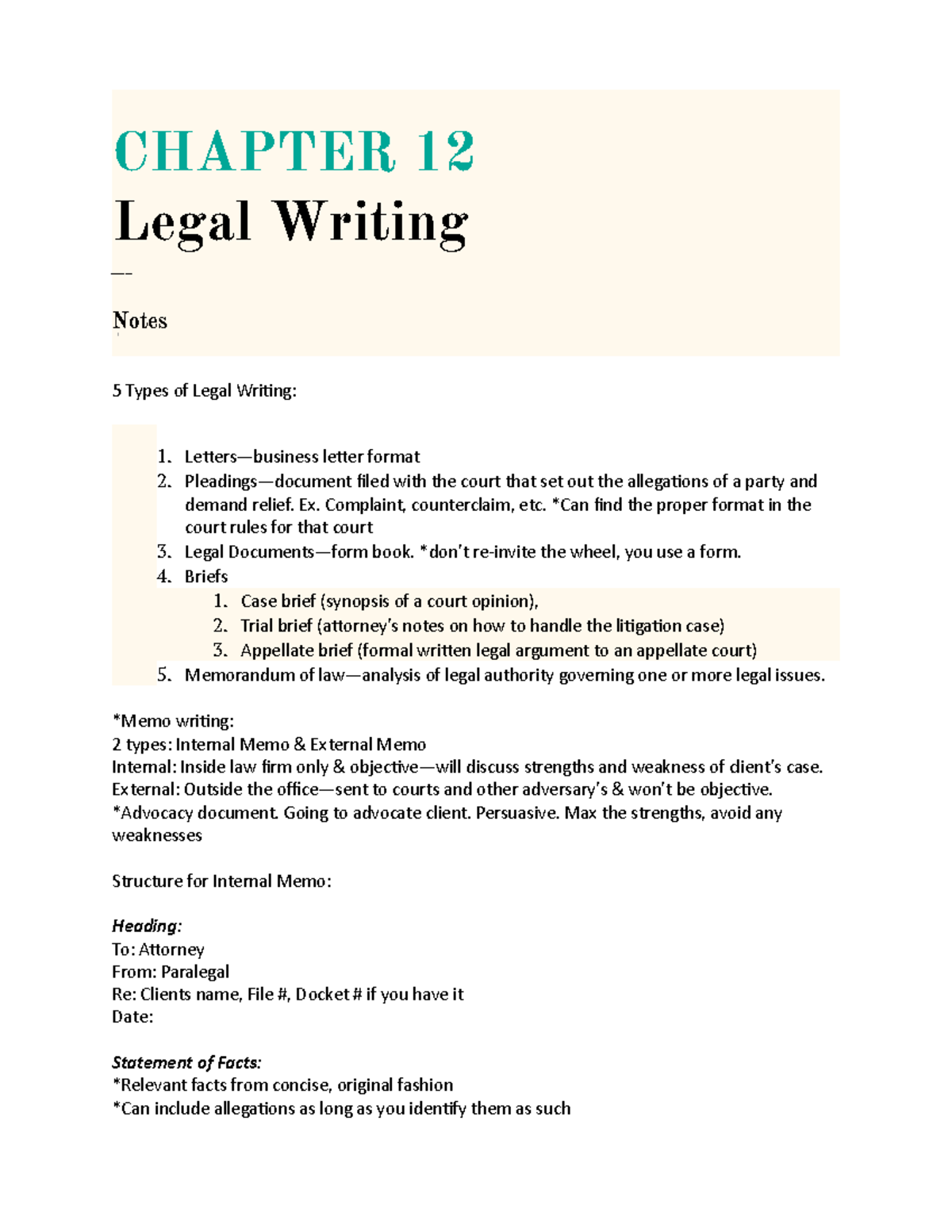 Chapter 12 Legal Writing - CHAPTER 12 Legal Writing Notes 5 Types of ...