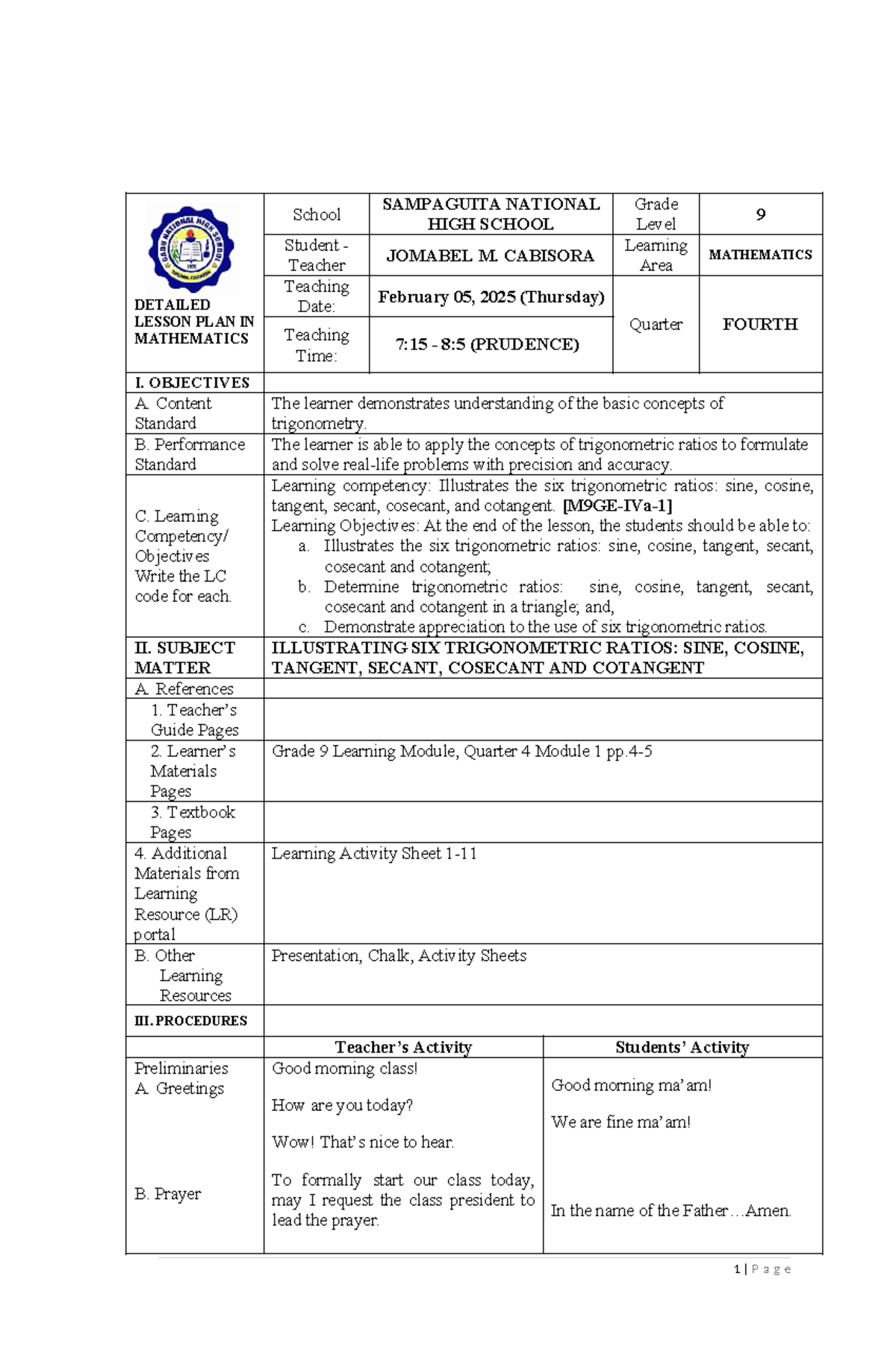 Grade 9 Mathematics Lesson Plan: Trigonometric Ratios (Quarter 4) - Studocu