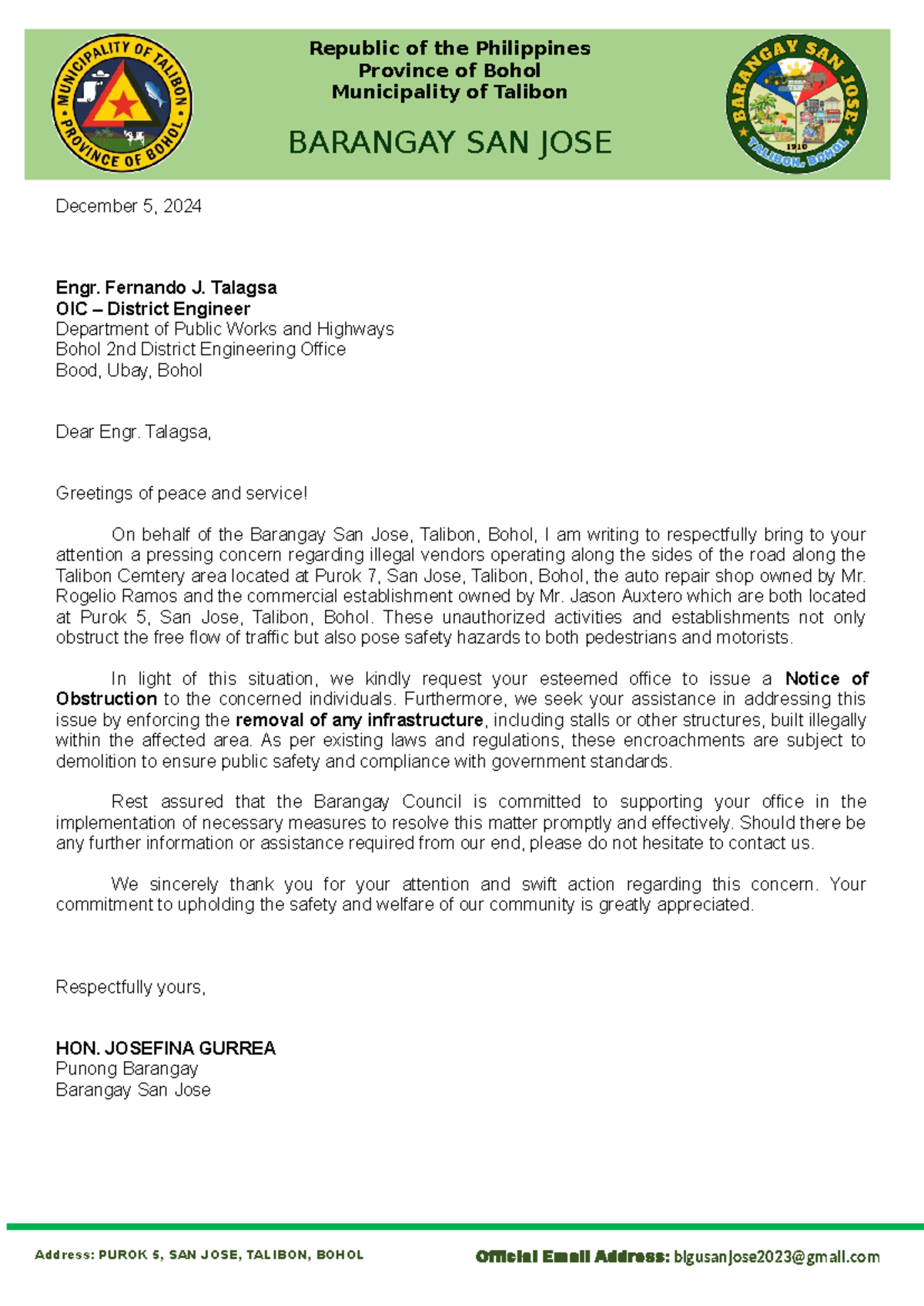 Letter to DPWH: Concern on Illegal Vendors in Talibon, Bohol - Studocu