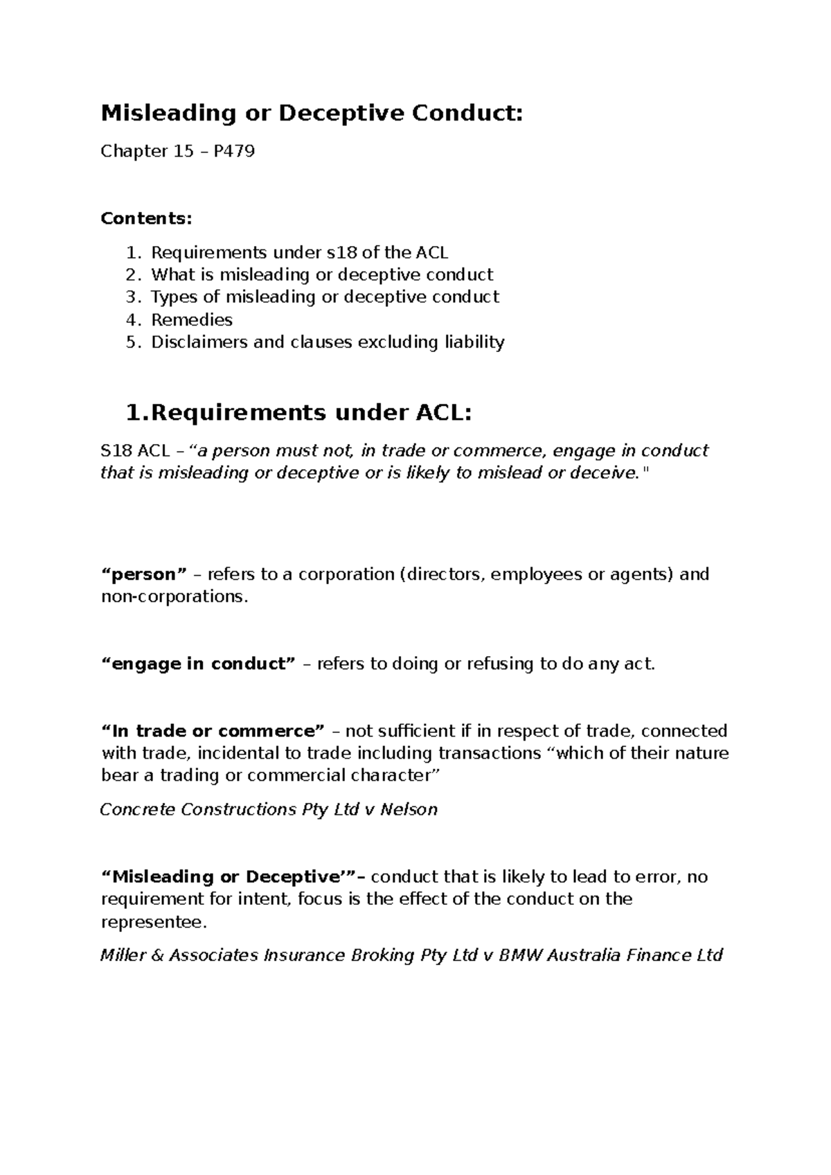 Misleading or Deceptive Conduct: Chapter 15 Overview and Remedies - Studocu
