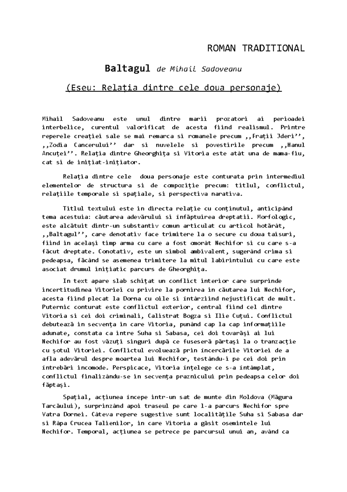 ESEU Relatia dintre doua personaje Balta - ROMAN TRADITIONAL Baltagul ...