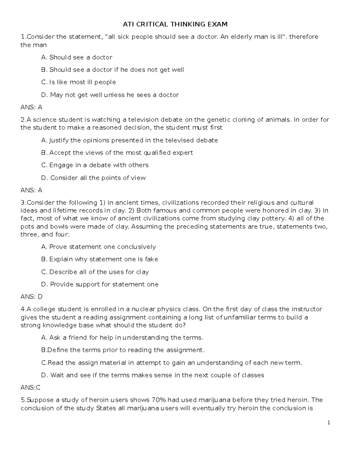 ATI Critical Thinking Exam Review and Answer Key - Studocu