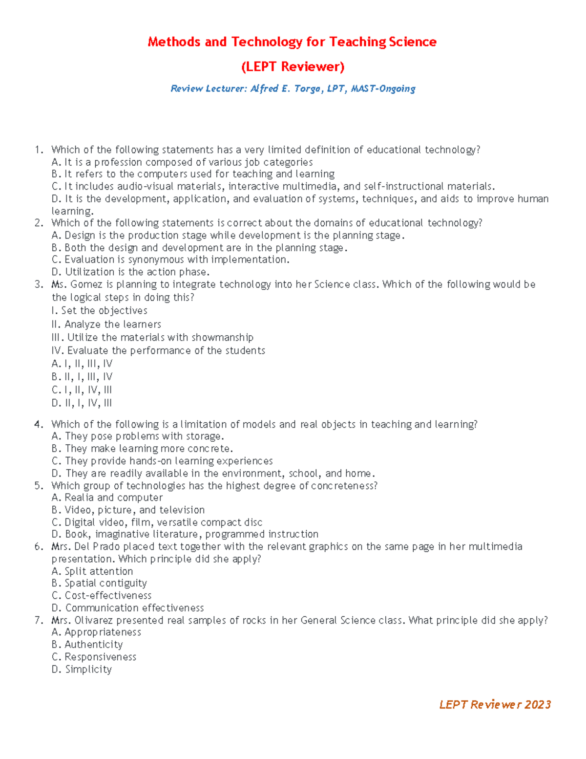 Methods and Technology for Teaching Science (LET) Reviewer Guide - Studocu