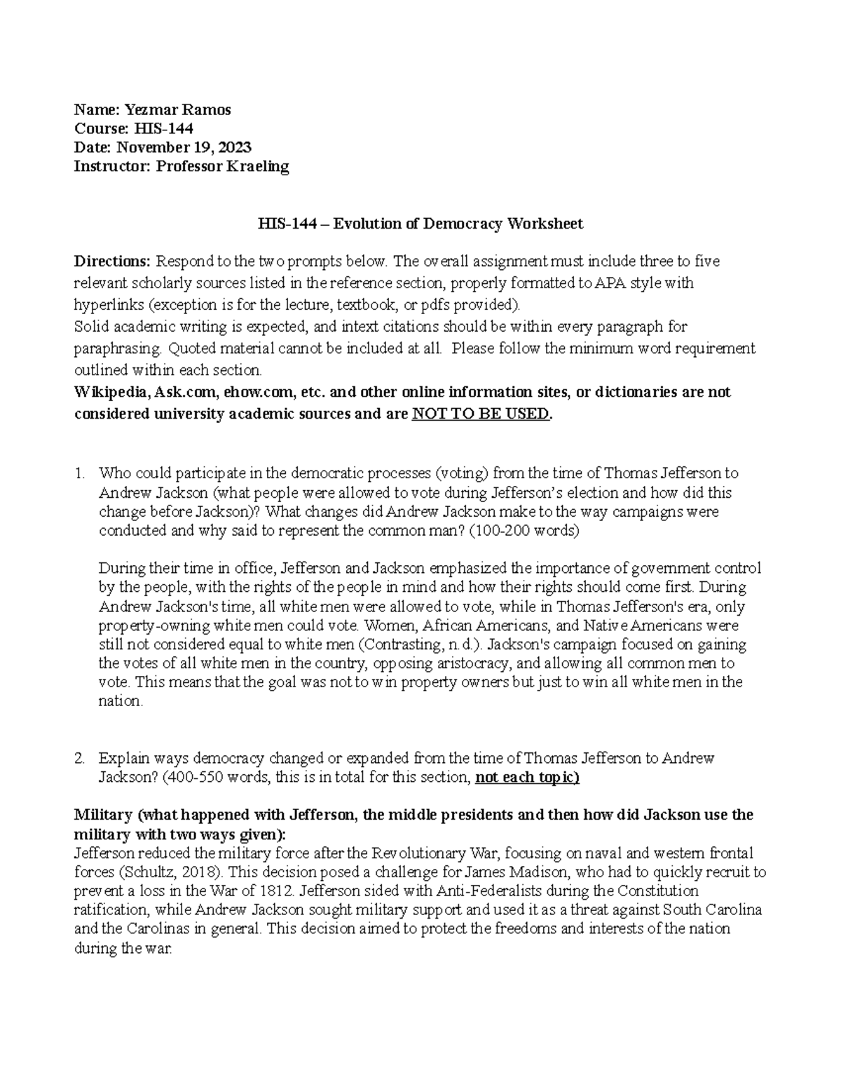 HIS-144 Final Exam Worksheet: Evolution of Democracy from Jefferson to ...