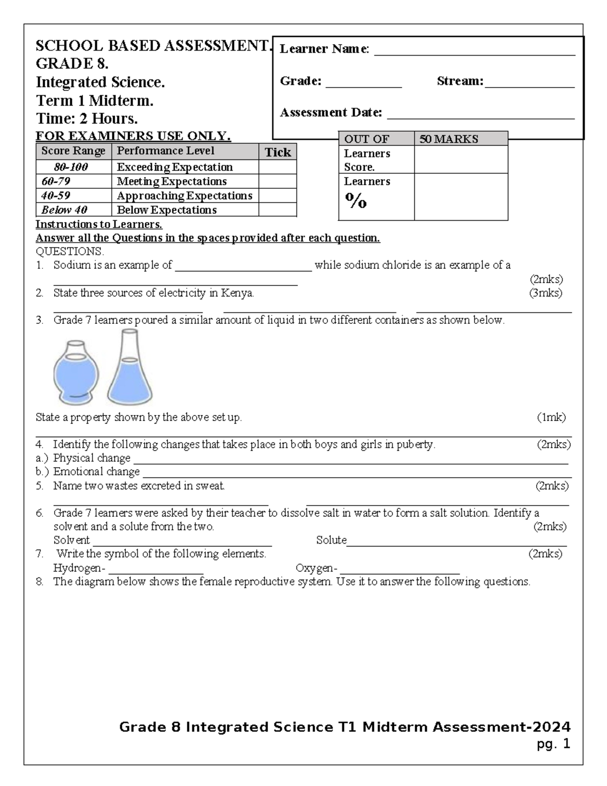 Grade 8 Integrated Science T1 Midterm Assessment Guide - Studocu