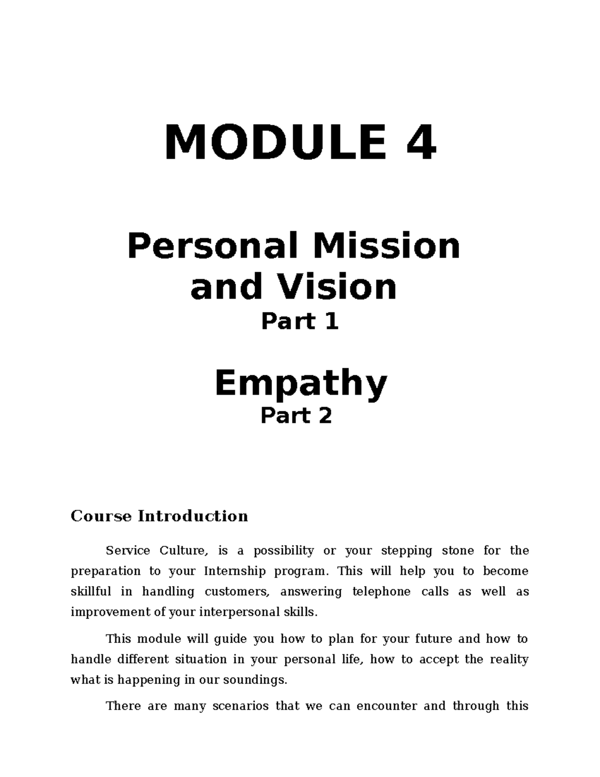 MODULE 4: Personal Mission & Vision, Empathy, and Service Culture - Studocu