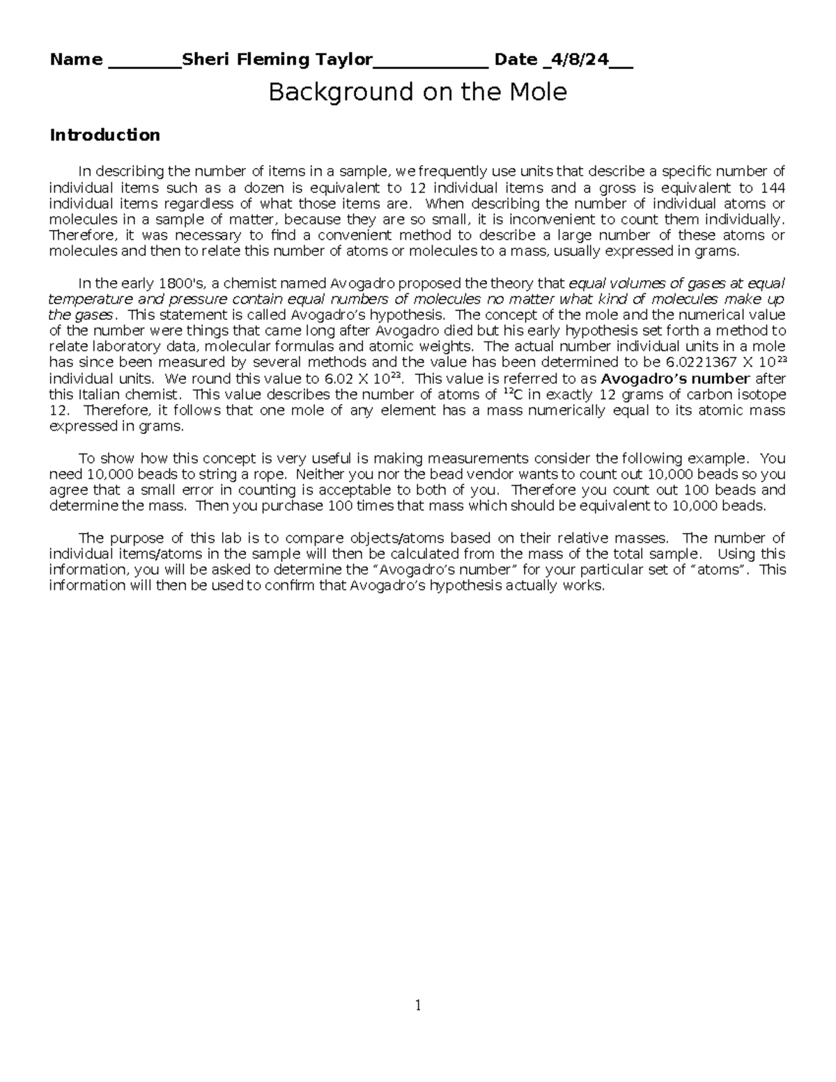 Activity - How Large is a Mole - Background on the Mole Introduction In ...