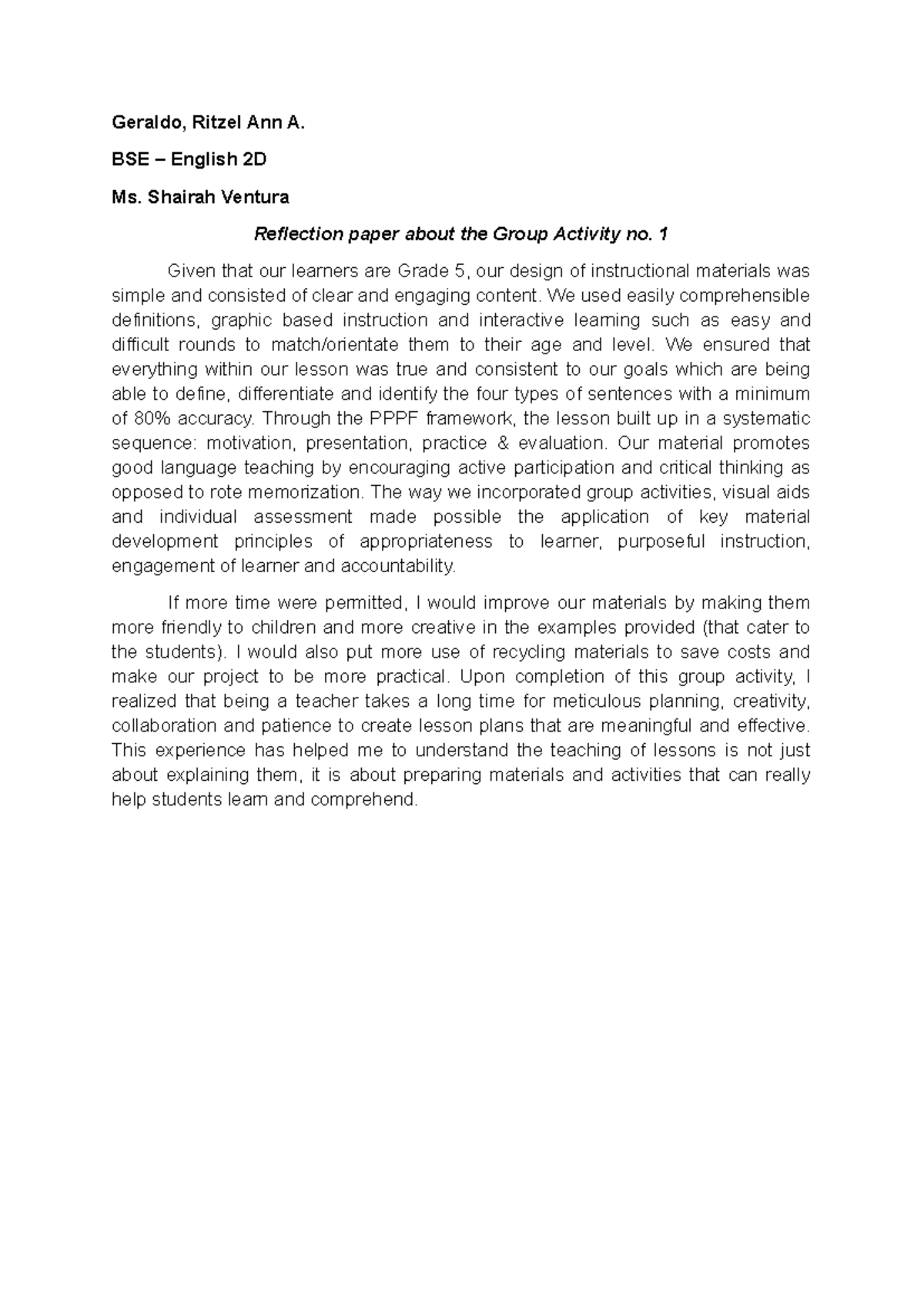 BSEE 26 Reflection on Group Activity 1: Designing Engaging Lessons ...