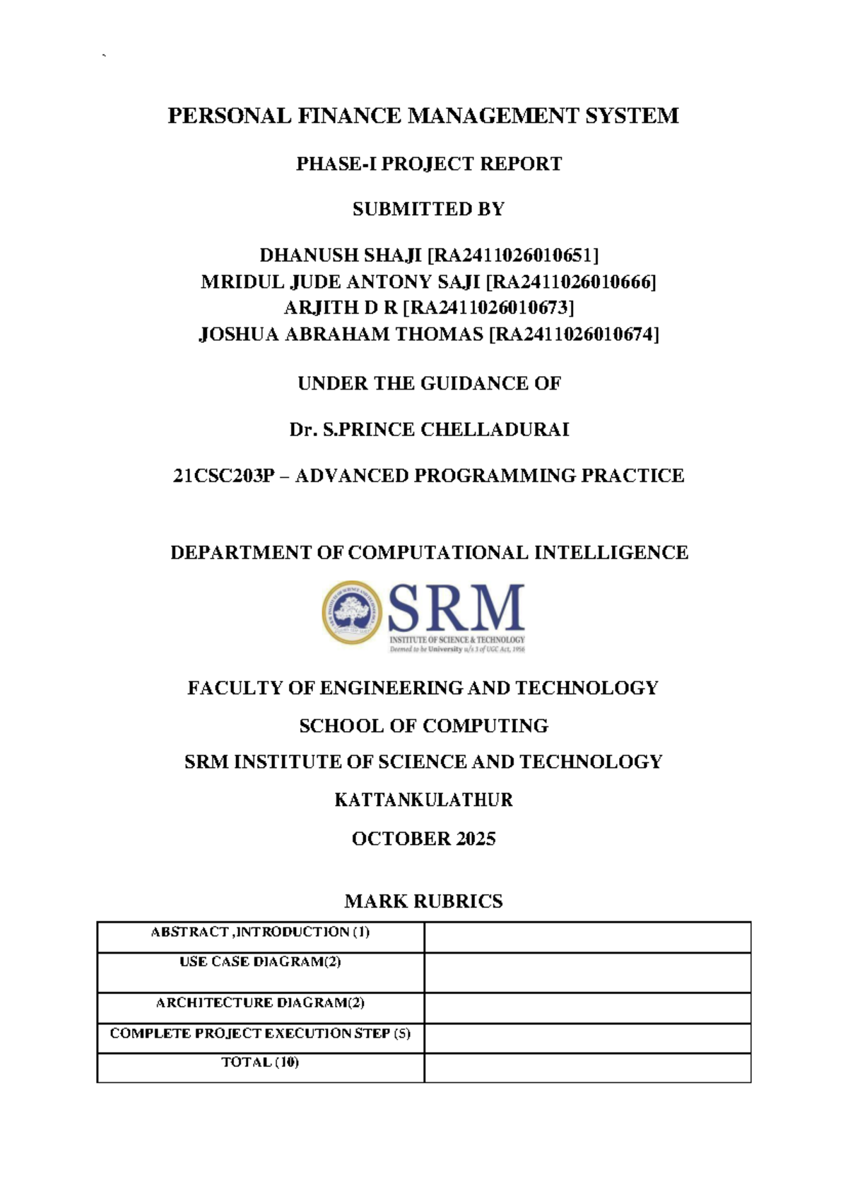 21CSC203P Project Report: Personal Finance Management System - Studocu
