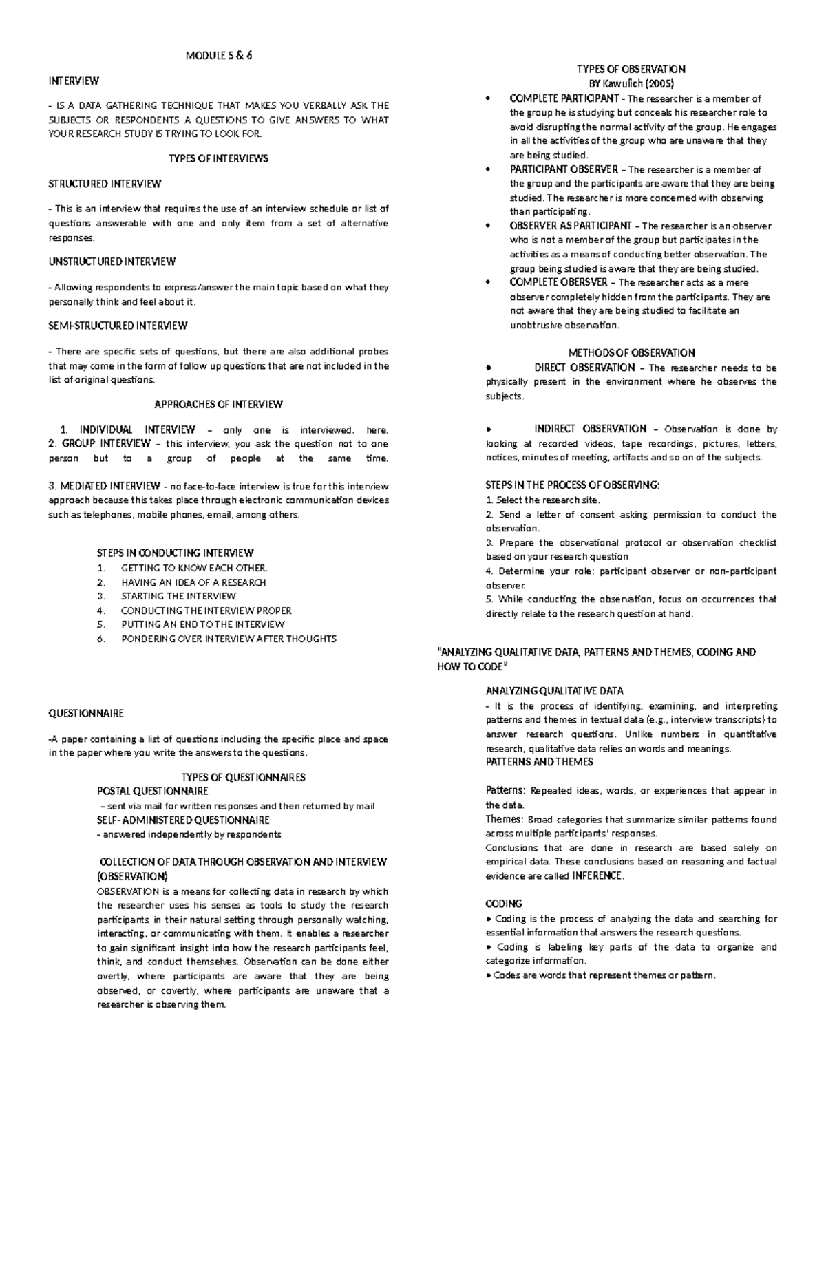 Module 5 & 6 - Interview and observation techniques in research - Studocu