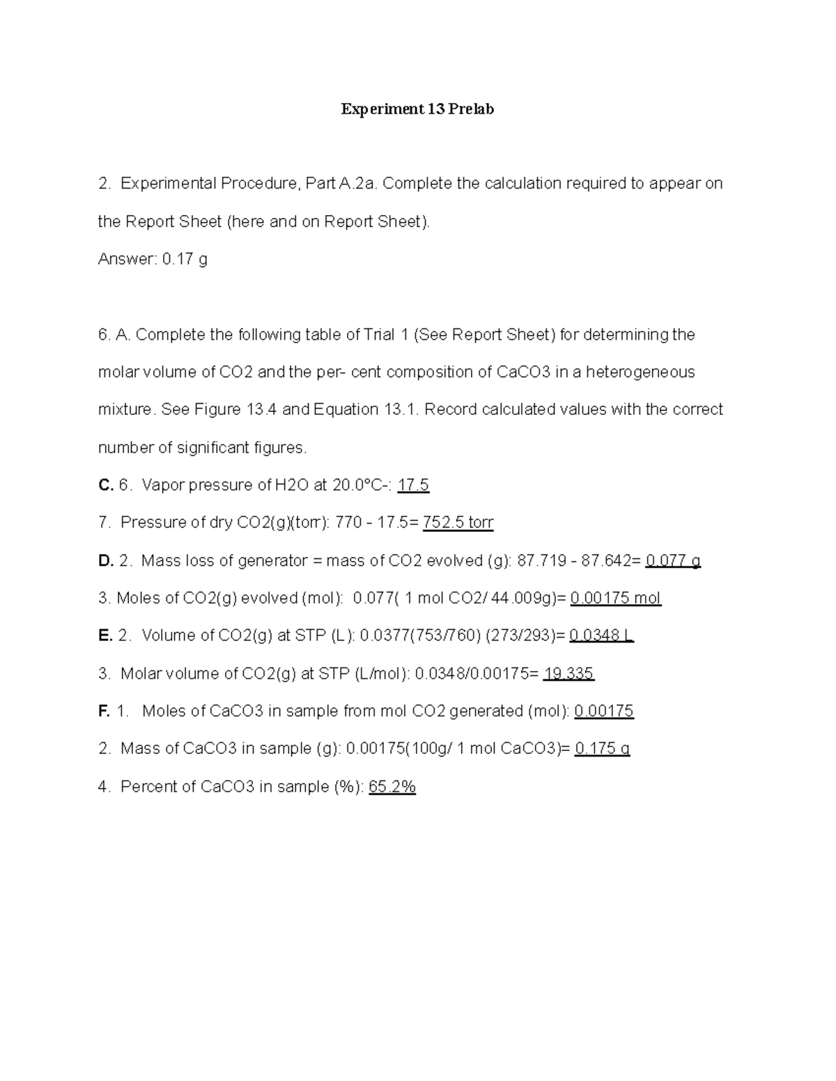 Experiment 13 Prelab: Molar Volume of CO2 & CaCO3 Analysis - Studocu