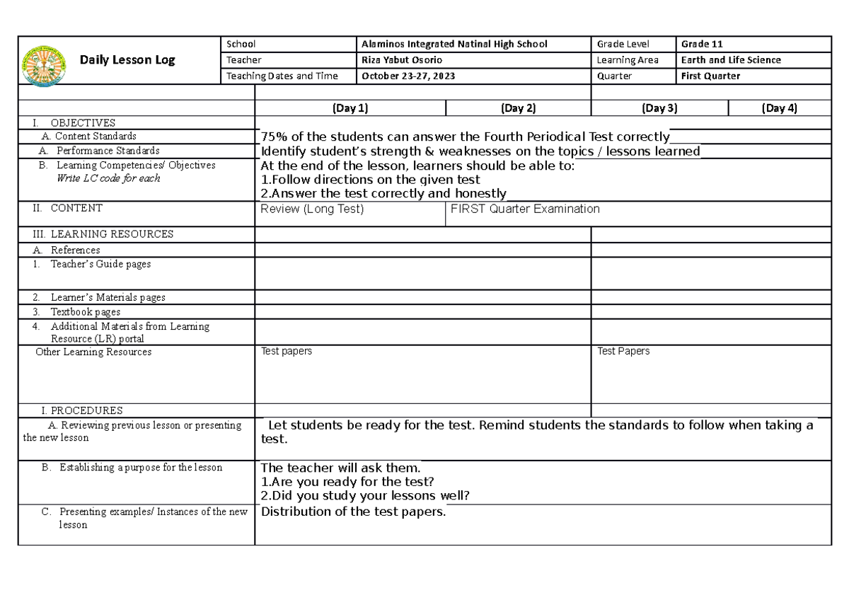 DLL Grade 11 Earth and Life Science - Week 10 (1st Qtr Review) - Studocu