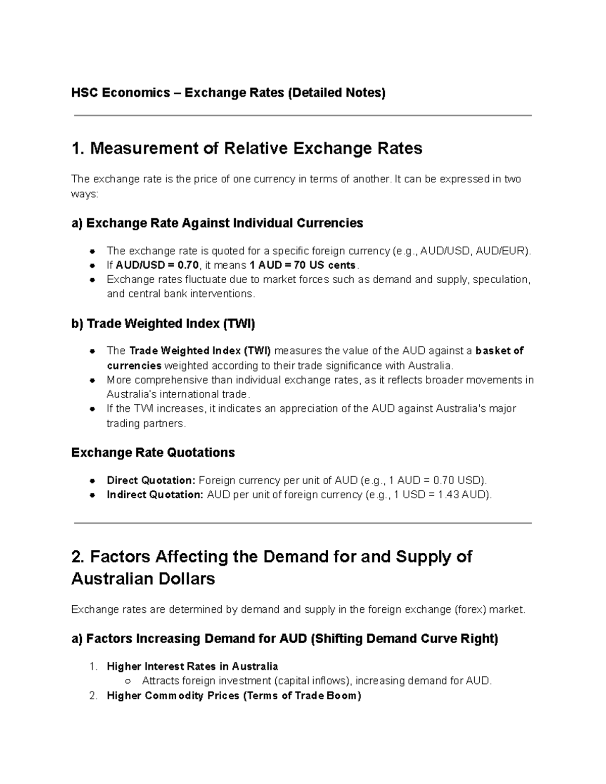 HSC Economics exchange rates detailed notes and exam tips - Studocu