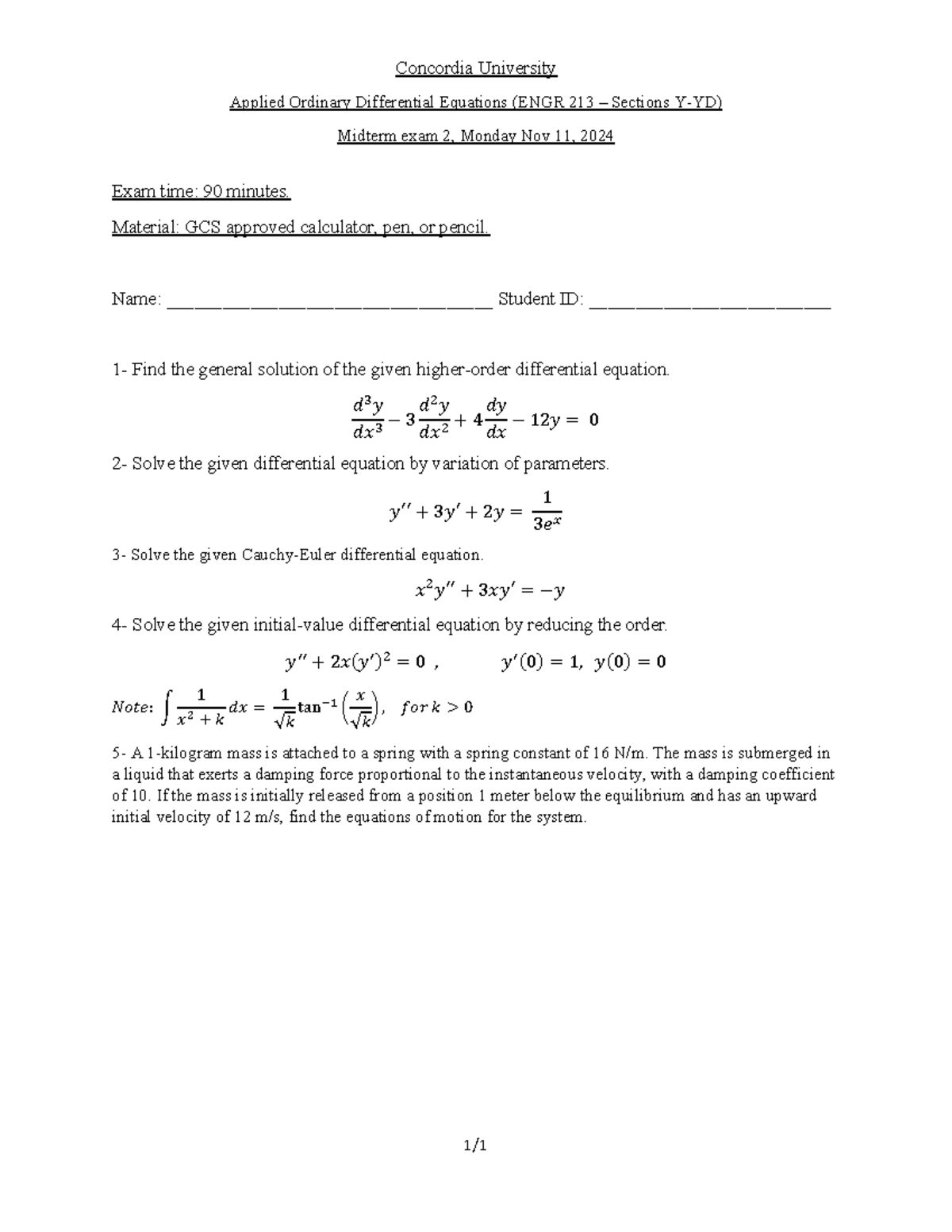 ENGR 213 Midterm Exam 2: Applied Ordinary Differential Equations - Studocu
