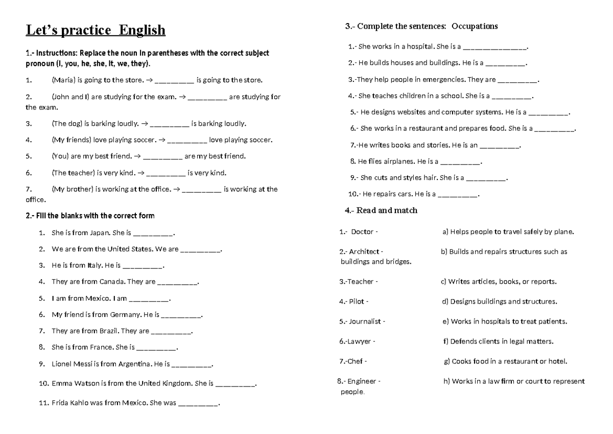 Practice English: Subject pronouns and occupations (5to) - Studocu
