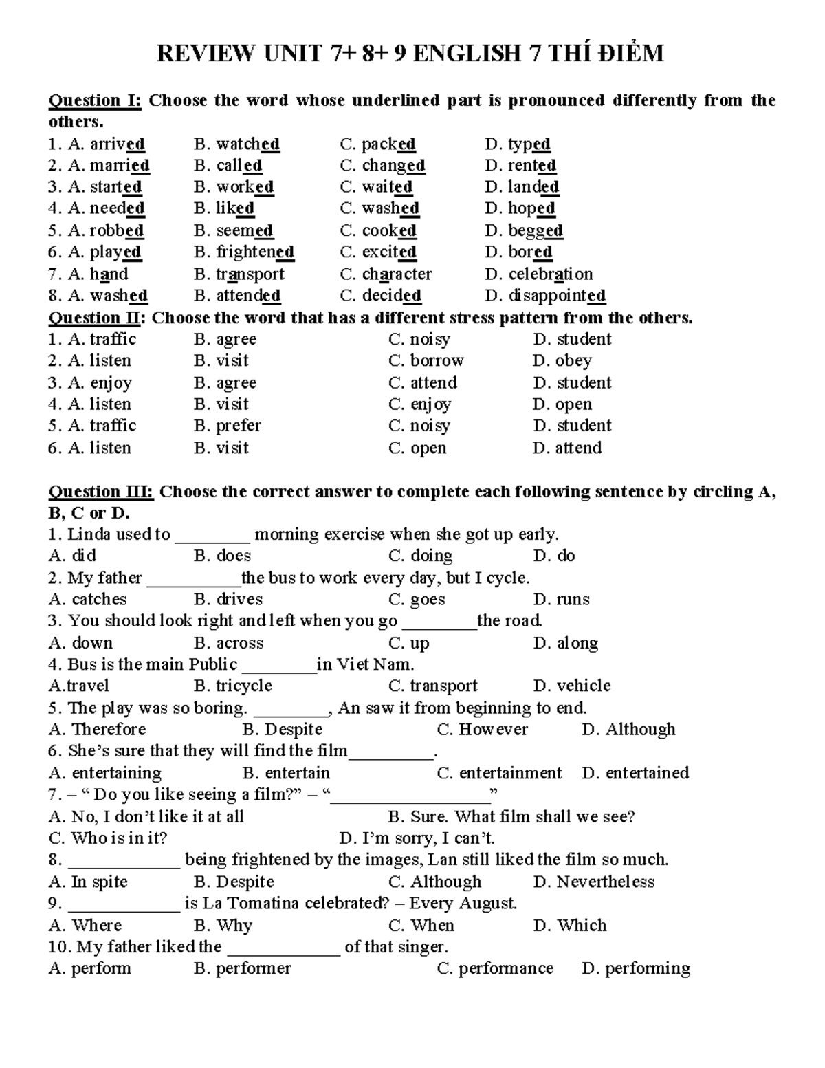 Review UNIT 789 70292078 fb - REVIEW UNIT 7+ 8+ 9 ENGLISH 7 THÍ ĐIỂM ...