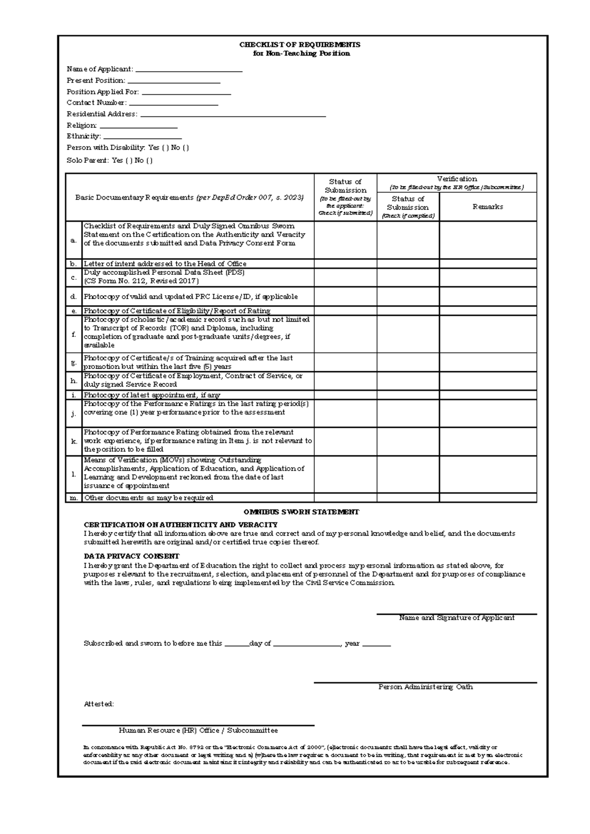 Checklist of Requirements & Omnibus Sworn Statement for DepEd ...