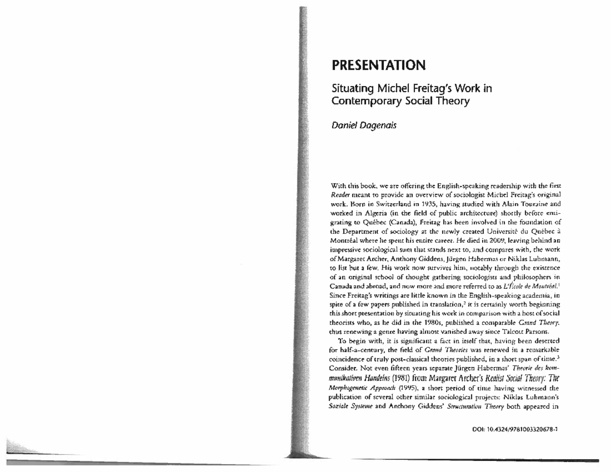 PRESENTATION Situating Michel Freitag's Work in Contemporary Social ...