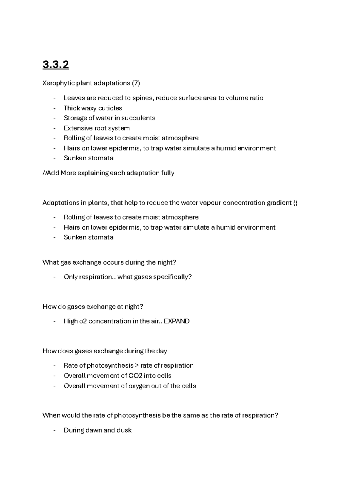 AQA A Level Biology Ch 06 - Exchange Flashcards - 3. Xerophytic plant ...