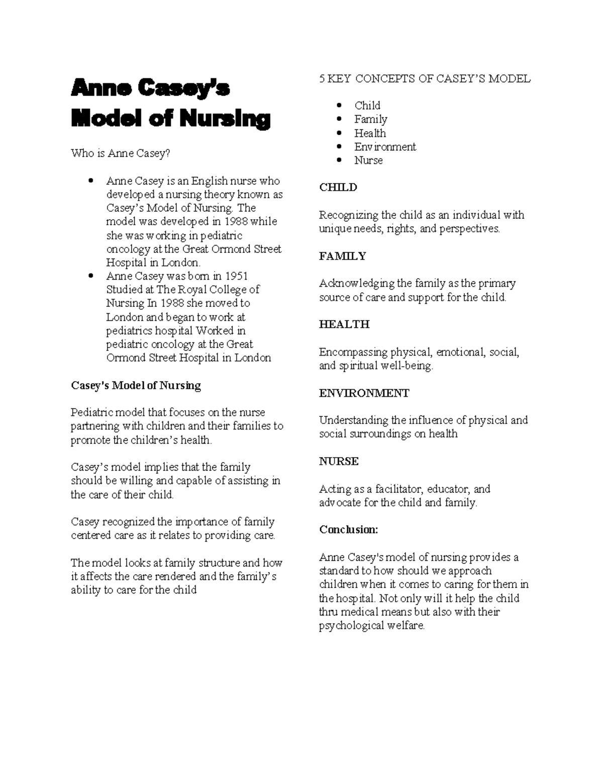 NUR 101 - Anne Casey's Nursing Model Overview and Key Concepts - Studocu