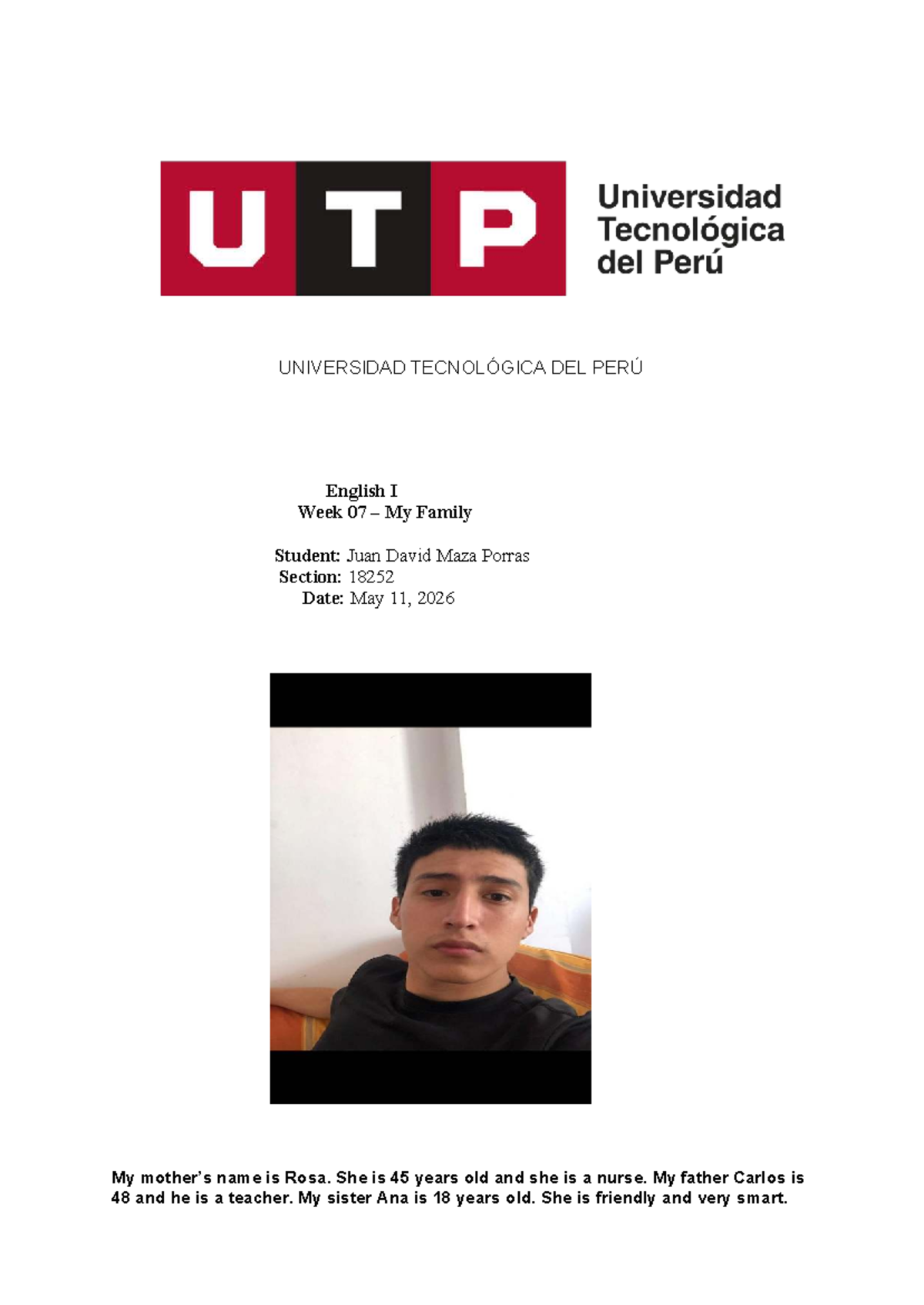 Maza Porras Juan David My Family - Ingles - UNIVERSIDAD TECNOLÓGICA DEL ...