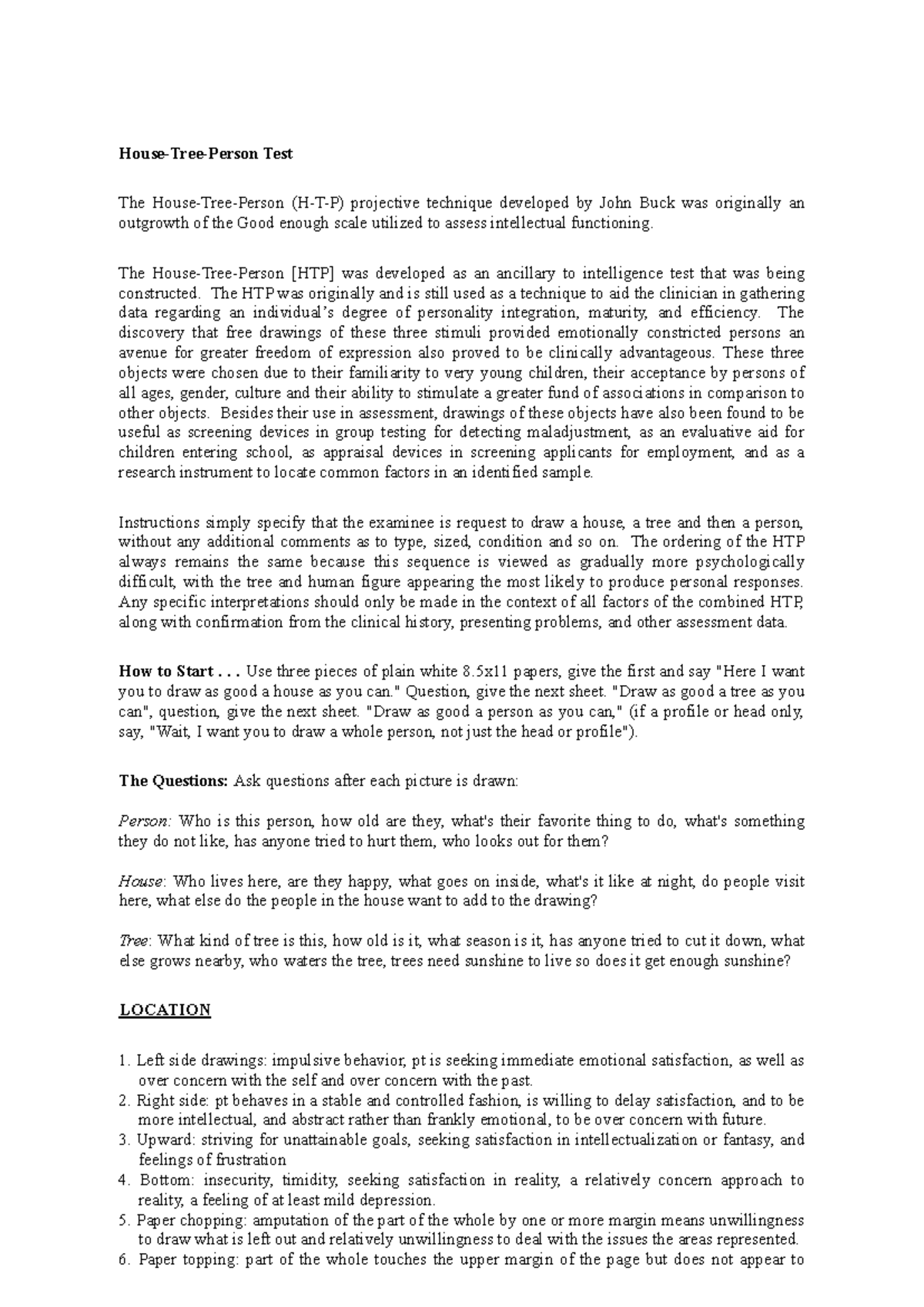 HTP Assessment: Understanding the House-Tree-Person Technique - Studocu