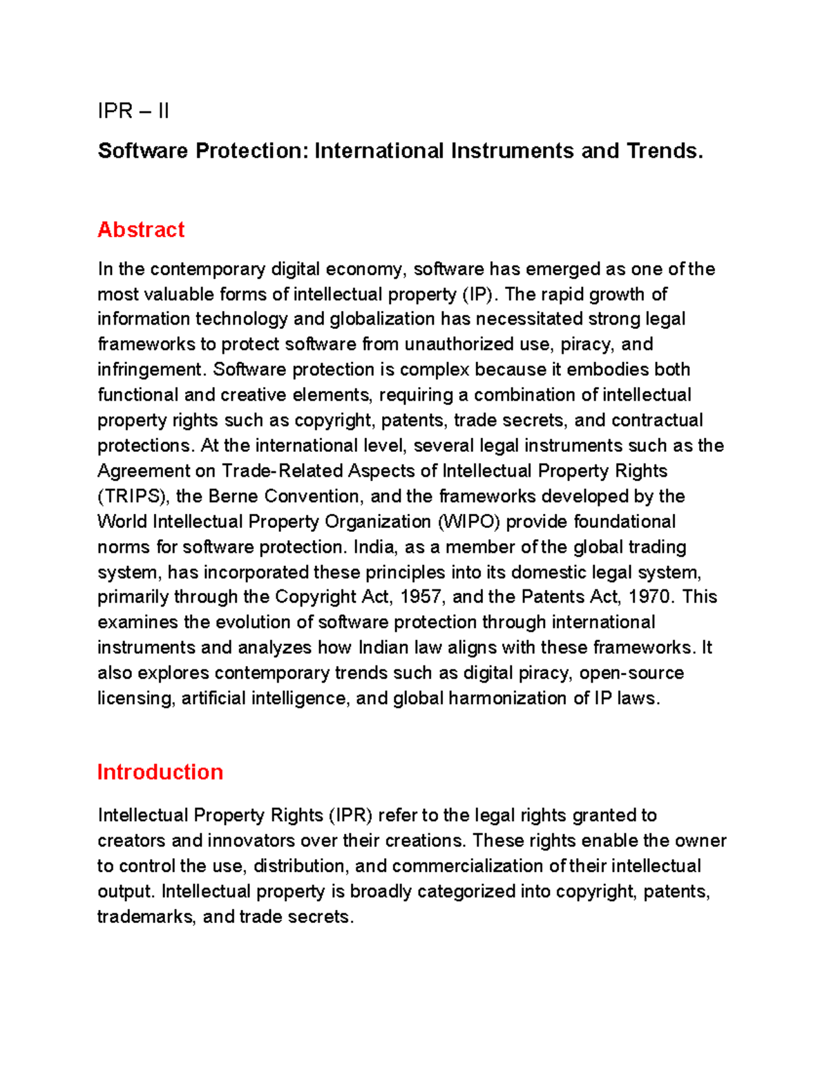 IPR II - VI Sem LLB: Software Protection & Global Legal Trends - Studocu
