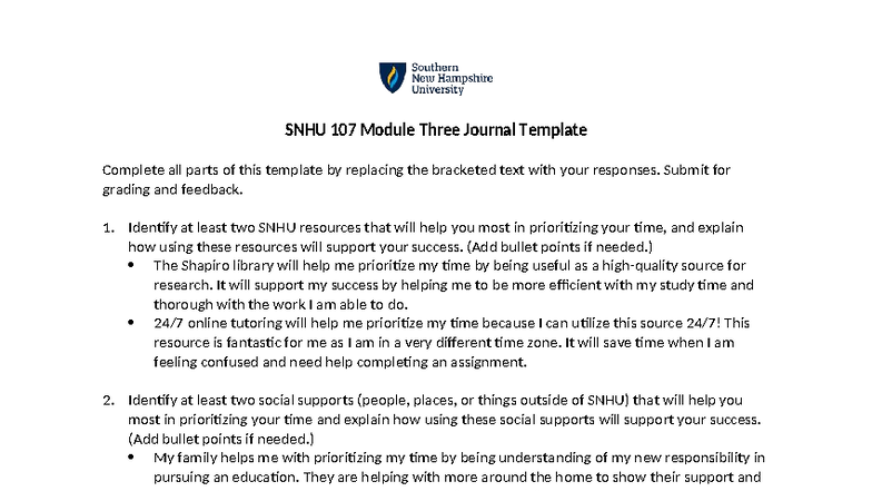 SNHU 107 Module Three Journal: Time Management Strategies for Success ...