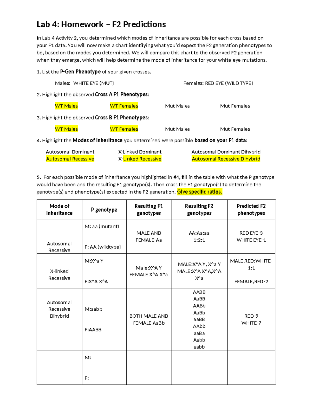 Lab 4 - Homework: F2 Phenotype Predictions for Inheritance Modes - Studocu