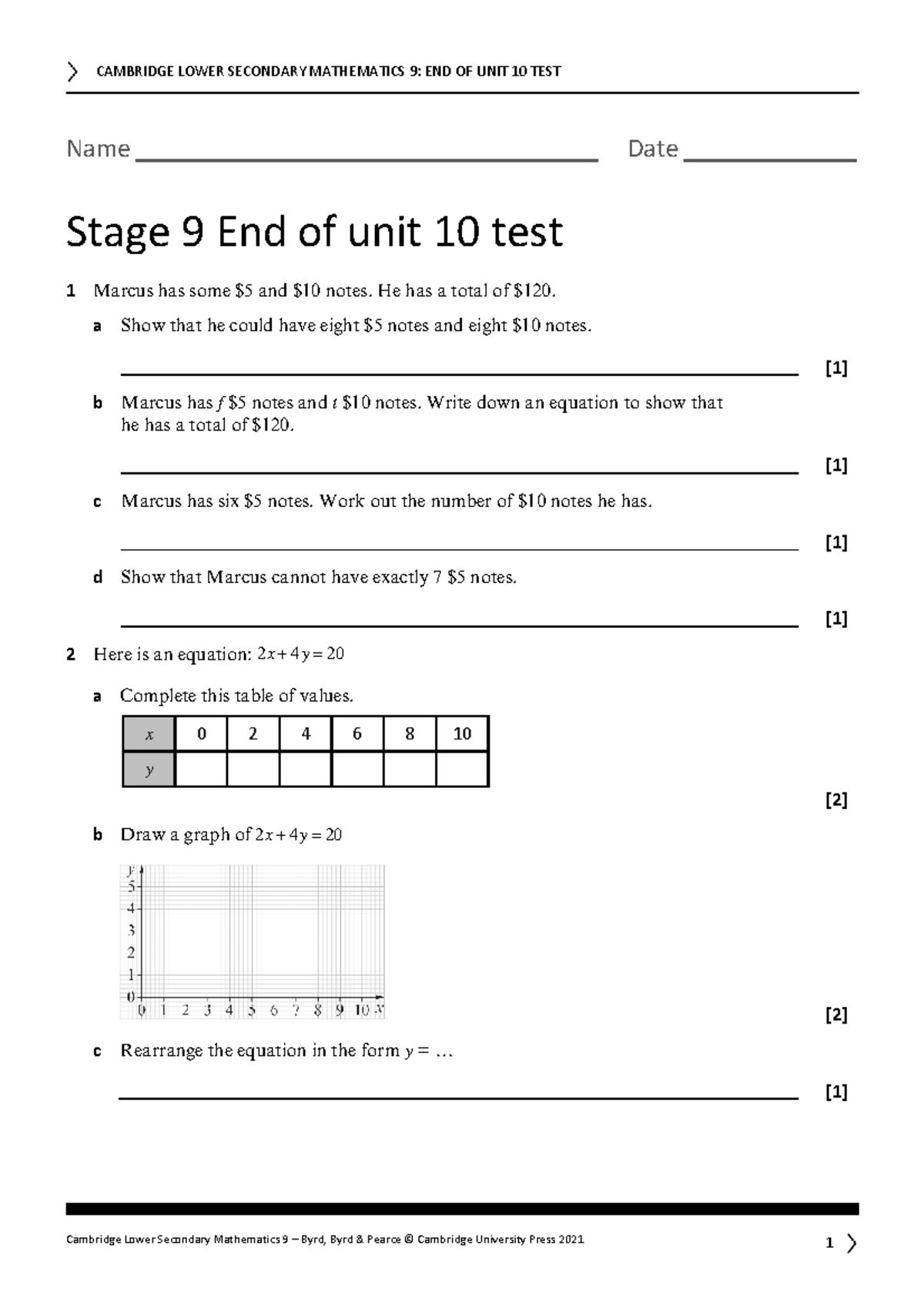 CAMBRIDGE LOWER SECONDARY MATH 9: UNIT 10 END OF TEST - Studocu