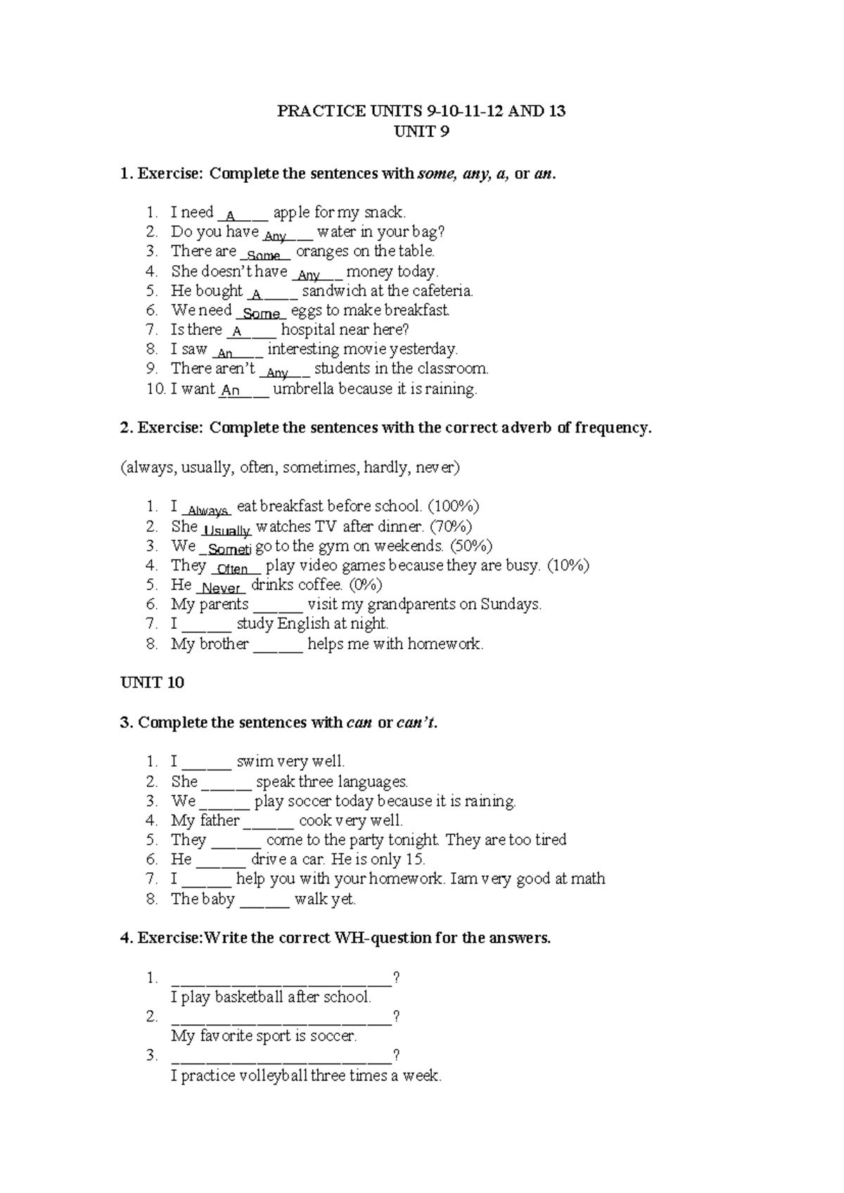 Practice Exercises for Units 9-13: Grammar and Vocabulary - Studocu