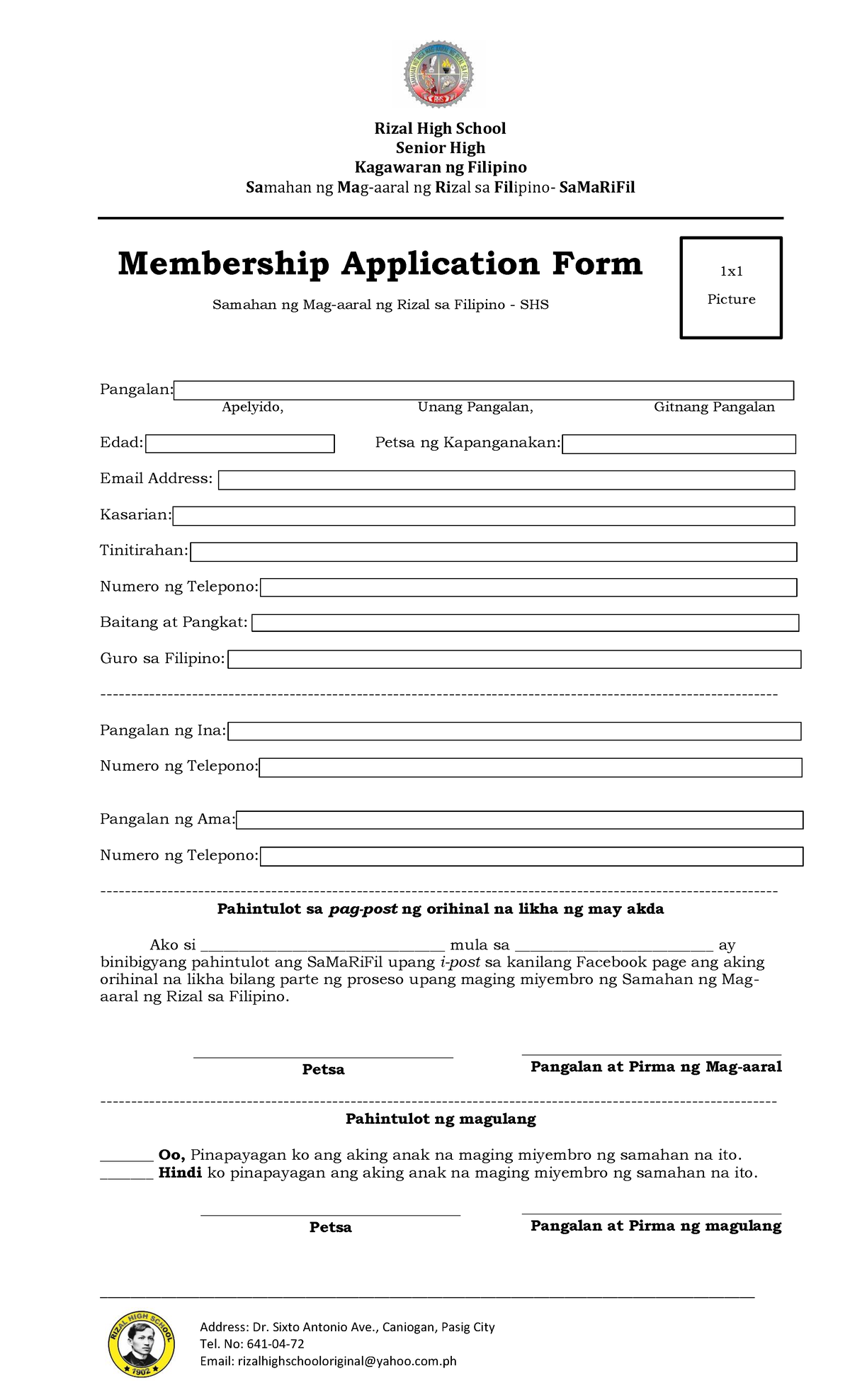 Membership-FORM-Samarifil - Rizal High School Senior High Kagawaran ng ...