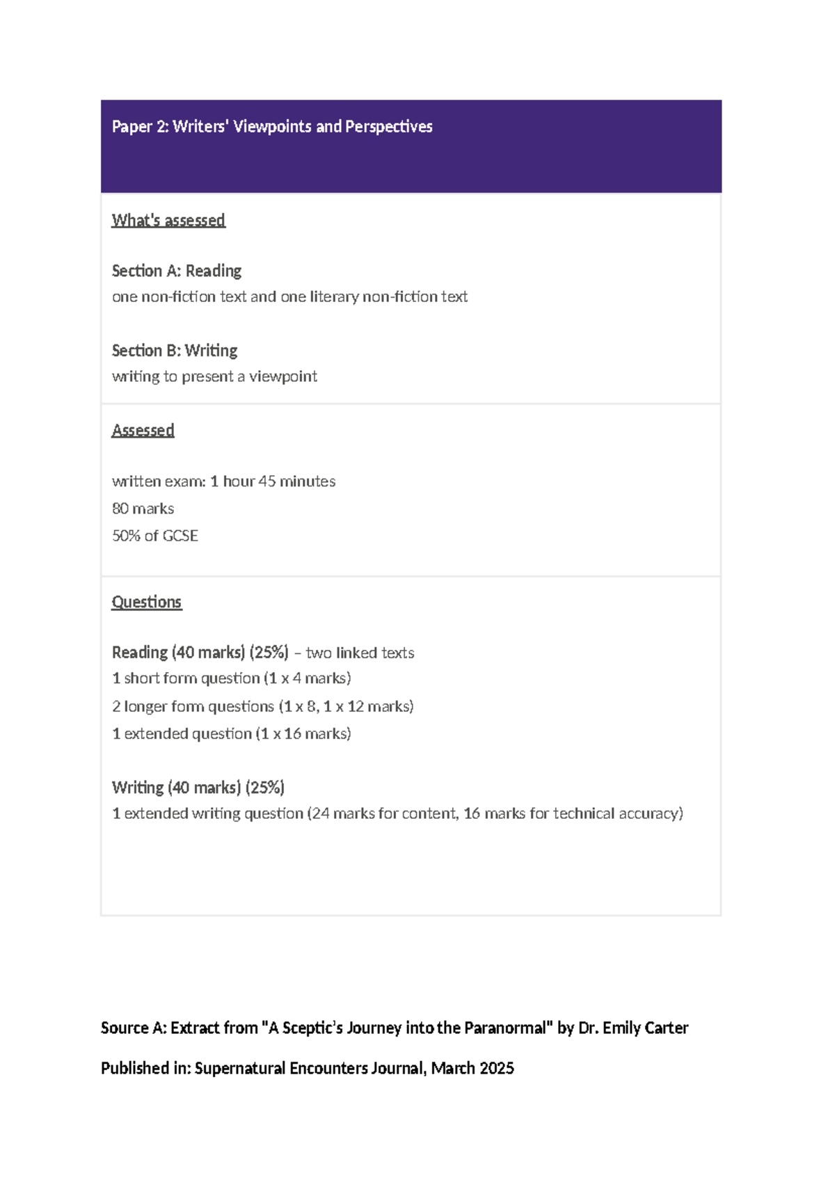 GCSE Paper 2: Perspectives on Supernatural Encounters - Sources ...