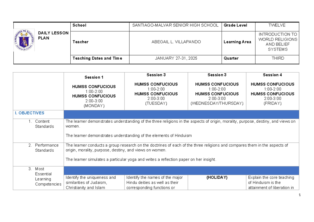 DLL - Religion - Q3 - WEEK 7: Lesson Plan on World Religions - Studocu