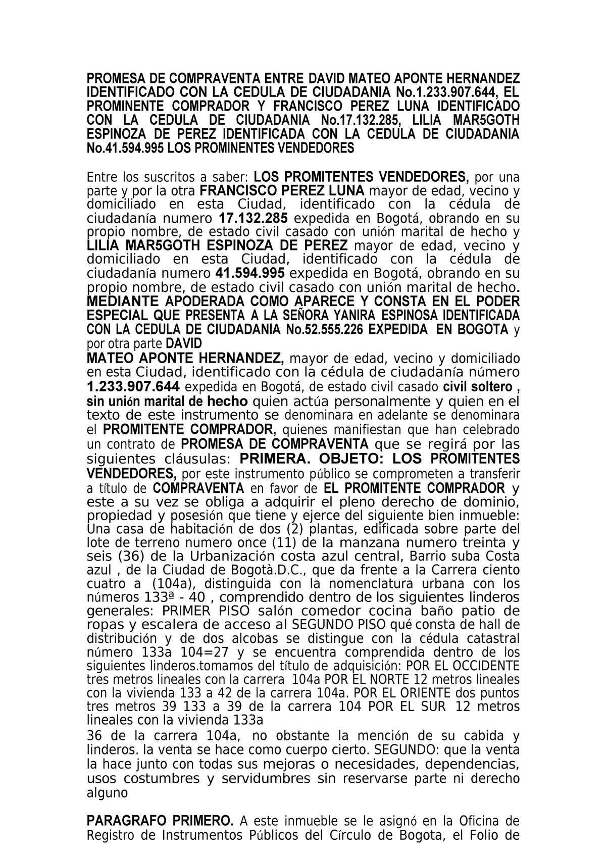 Promesa de Compraventa entre David Mateo Aponte y Francisco Pérez Luna ...