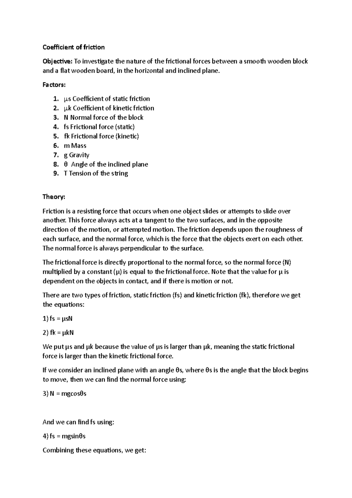 Coefficient of Friction Lab Report: Analysis of Static and Kinetic ...