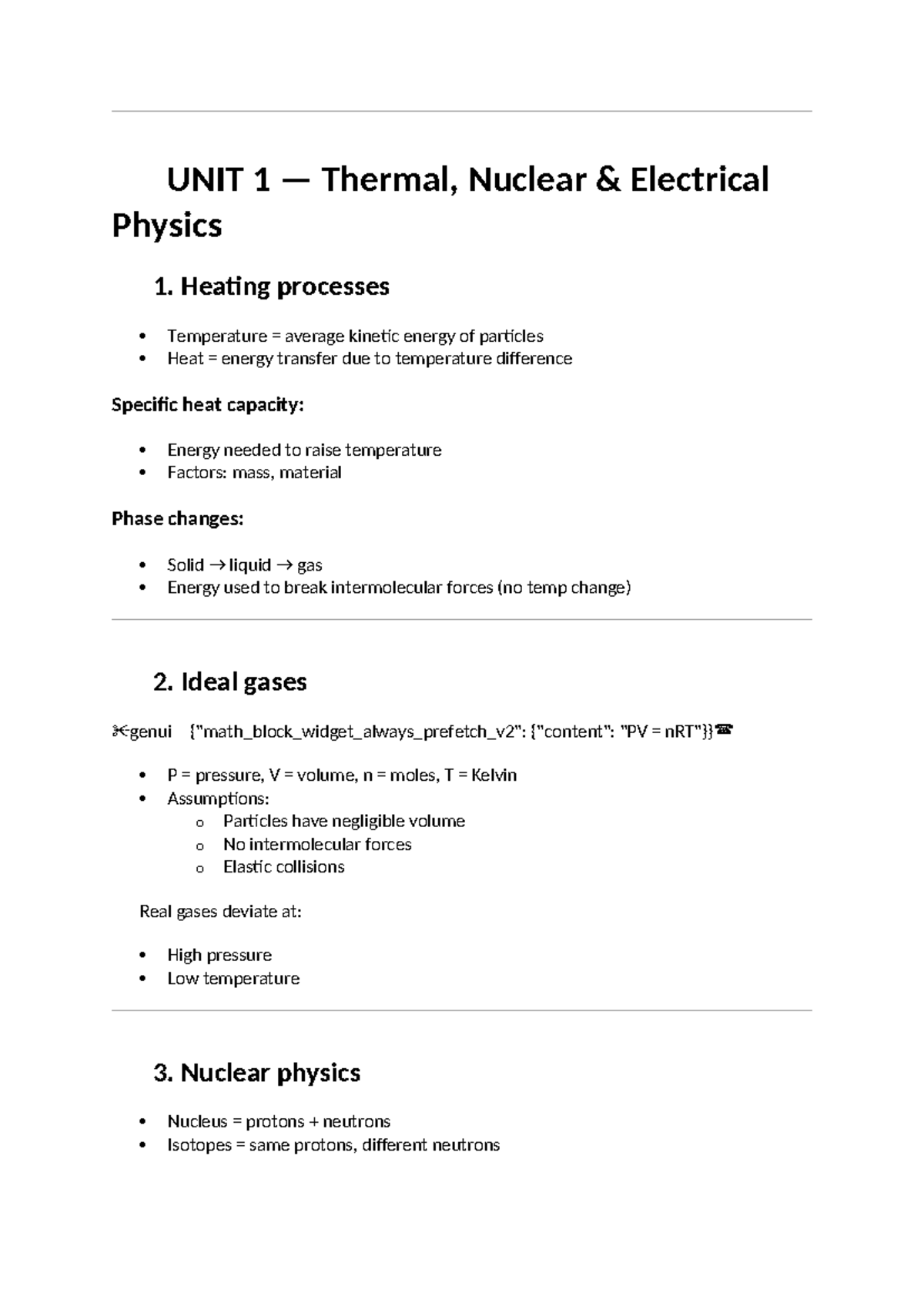 Physics 1 - Unit 1 & 2 Notes: Thermal, Nuclear, Electrical Concepts ...