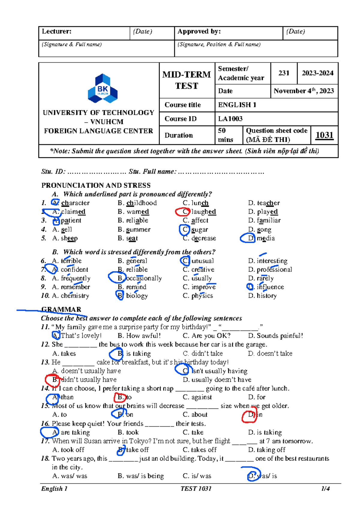 English 1 TEST 1031 - Pronunciation, Grammar, and Vocabulary - Studocu