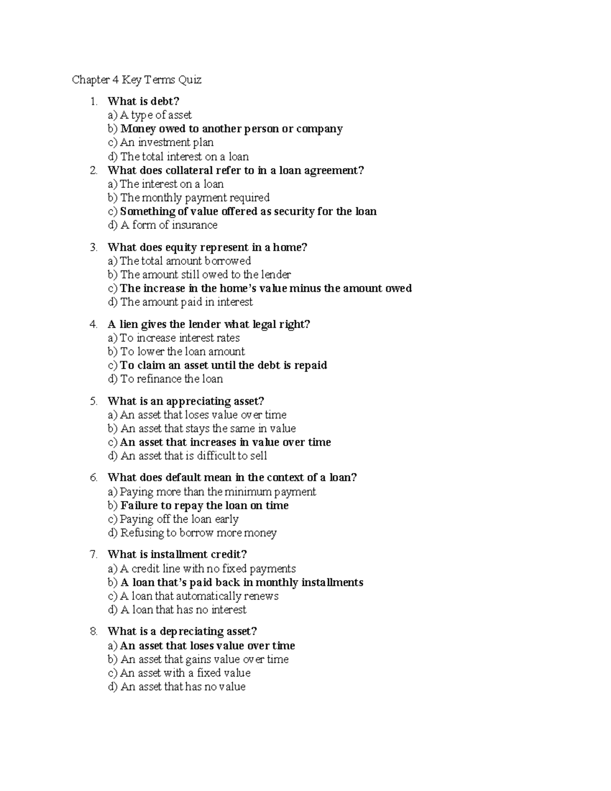 Chapter 4 key terms quiz on debt and credit concepts - Studocu