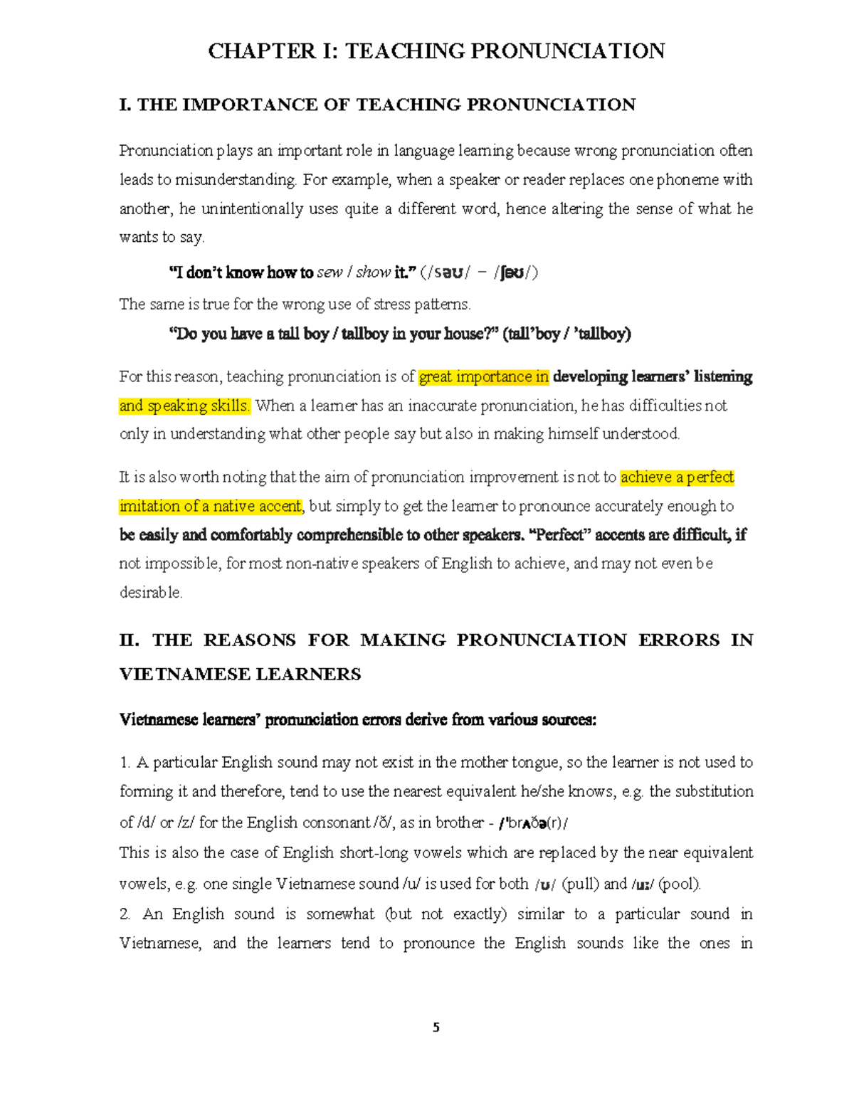 CHAPTER I: TEACHING PRONUNCIATION - IMPORTANCE & ERRORS - Studocu