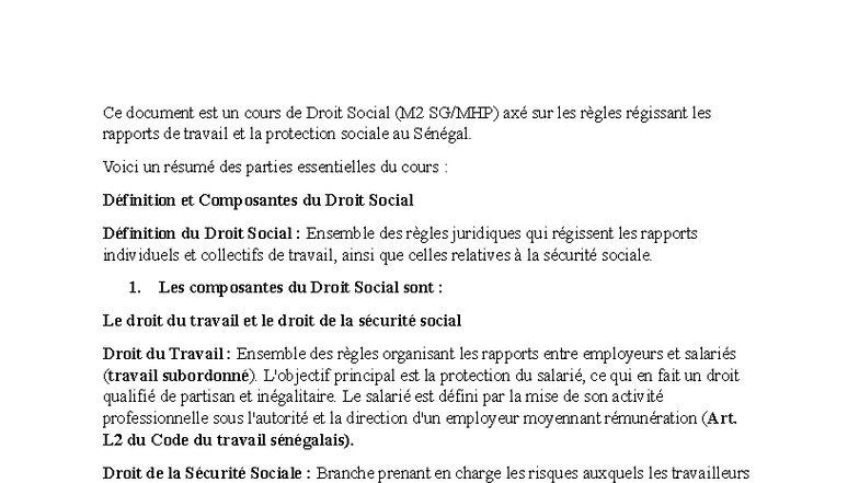 Résumé du Cours de Droit Social (M2) au Sénégal - Studocu