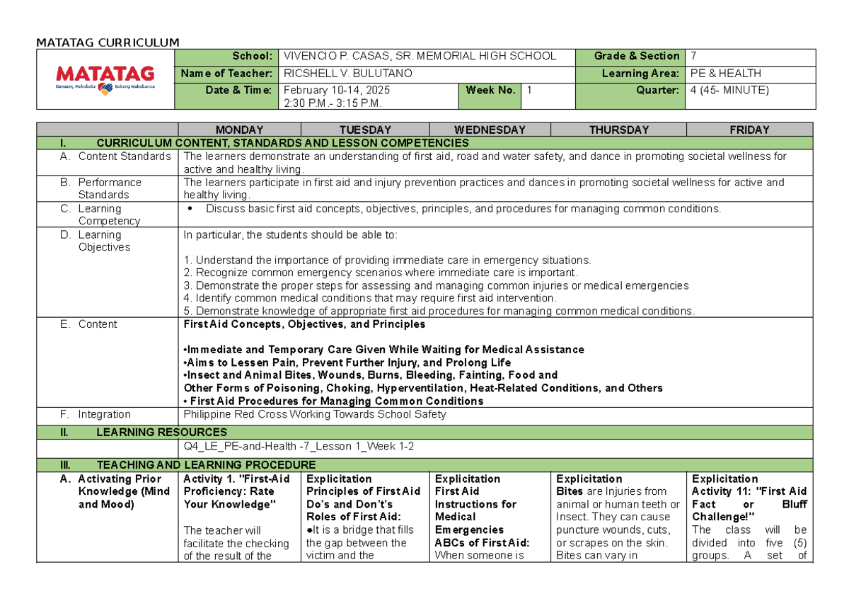Q4 DLL PE Health 7: First Aid Concepts and Practices (Week 1-2) - Studocu