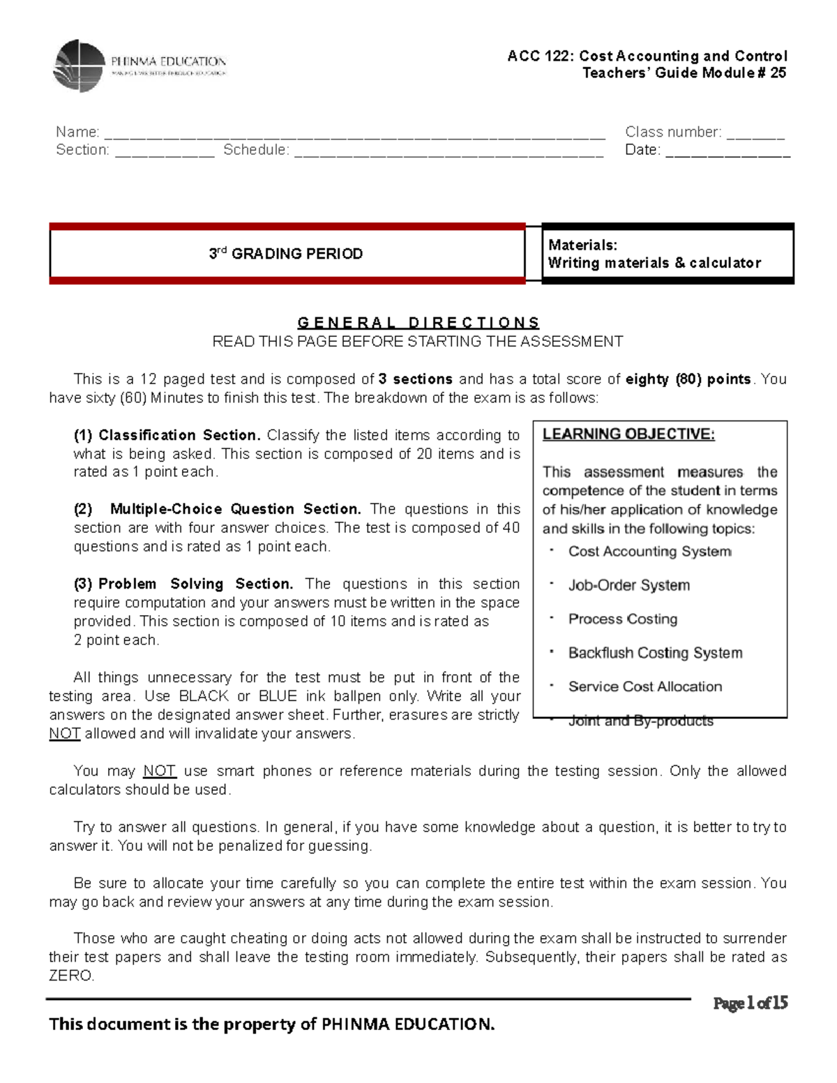 ACC 122: Cost Accounting & Control - 3rd Grading Period Exam Guide ...