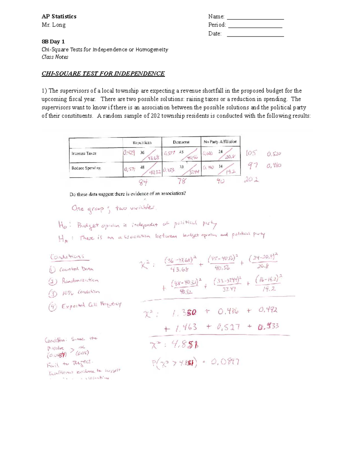 8B Day 1 Worksheet Solutions: Tests for Independence Analysis - Studocu