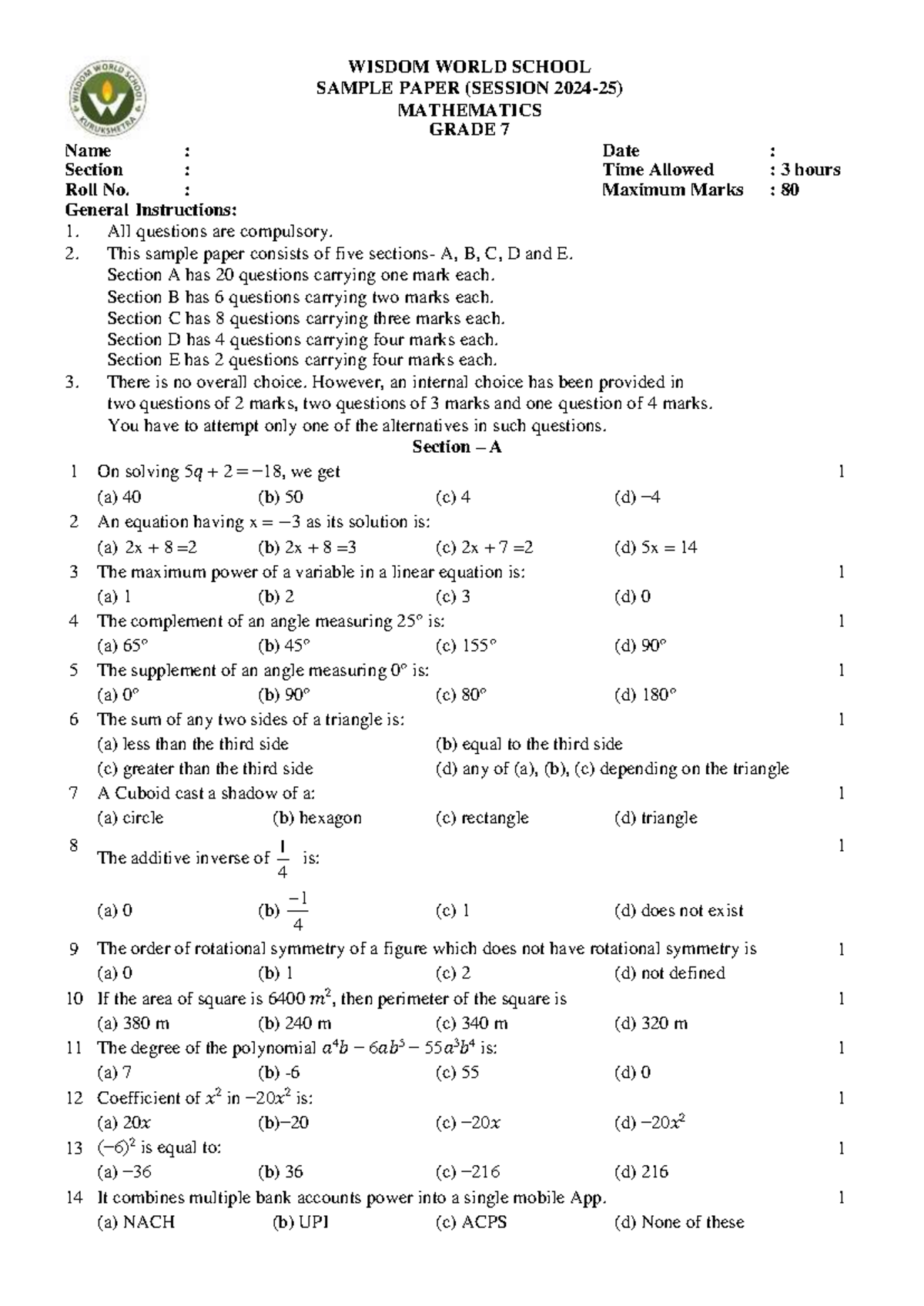7th Grade Mathematics Annual Sample Paper - Wisdom World School - Studocu