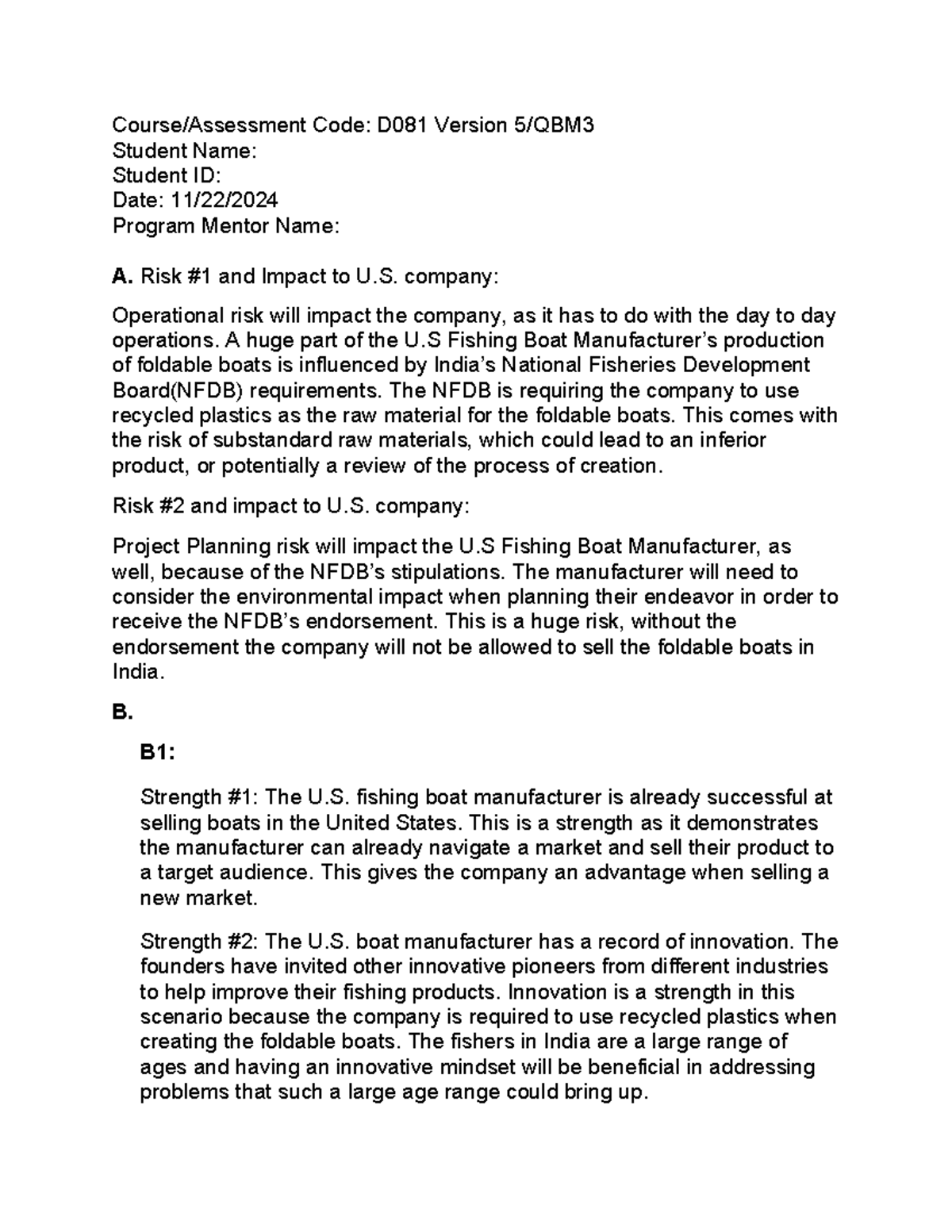 D081 V5-QBM3 Task 2: Risk Analysis for U Fishing Boat Manufacturer ...