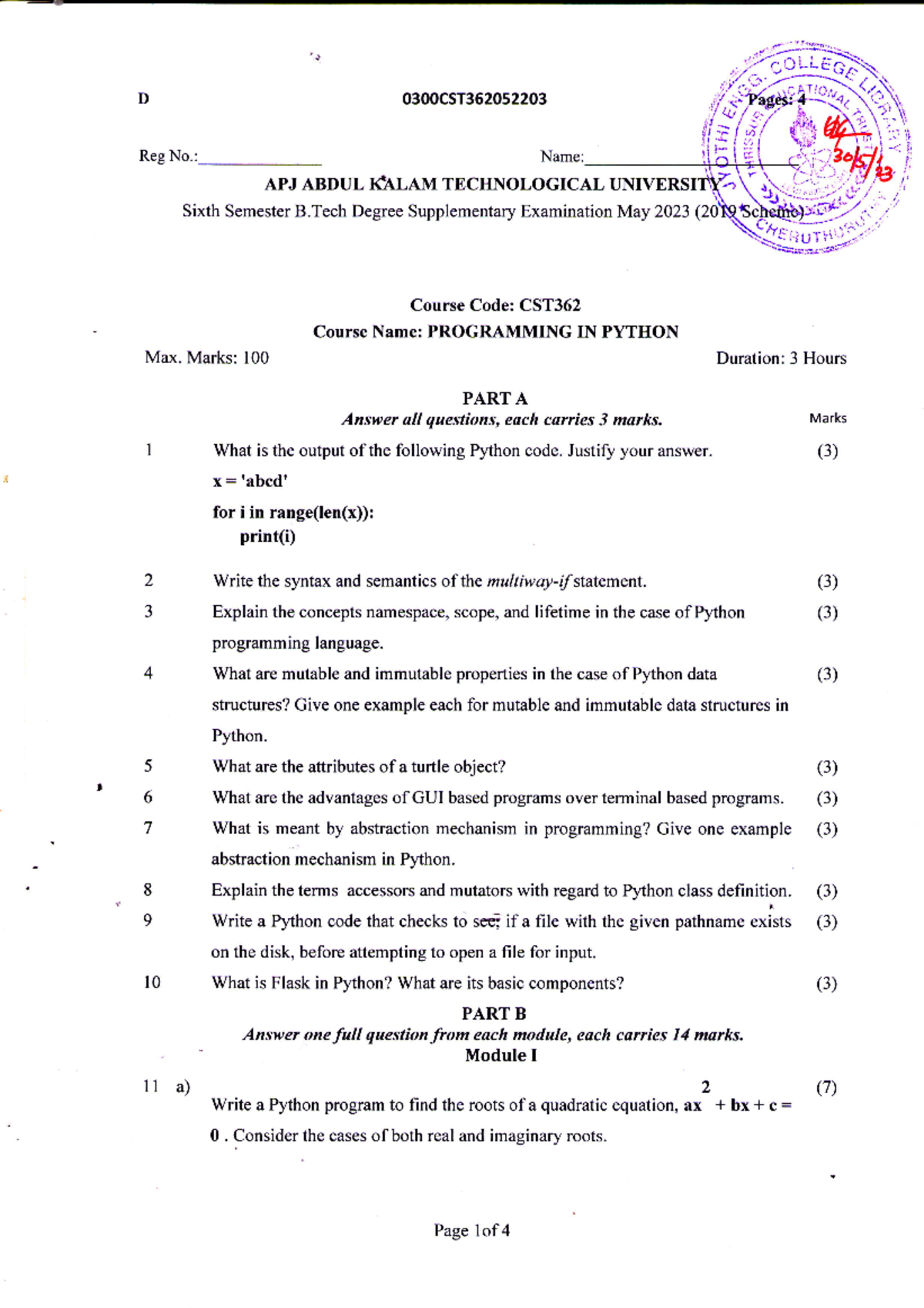 CST362 Programming IN Python, MAY 2023-1 - D Reg No.: 0300csr3620s APJ ...