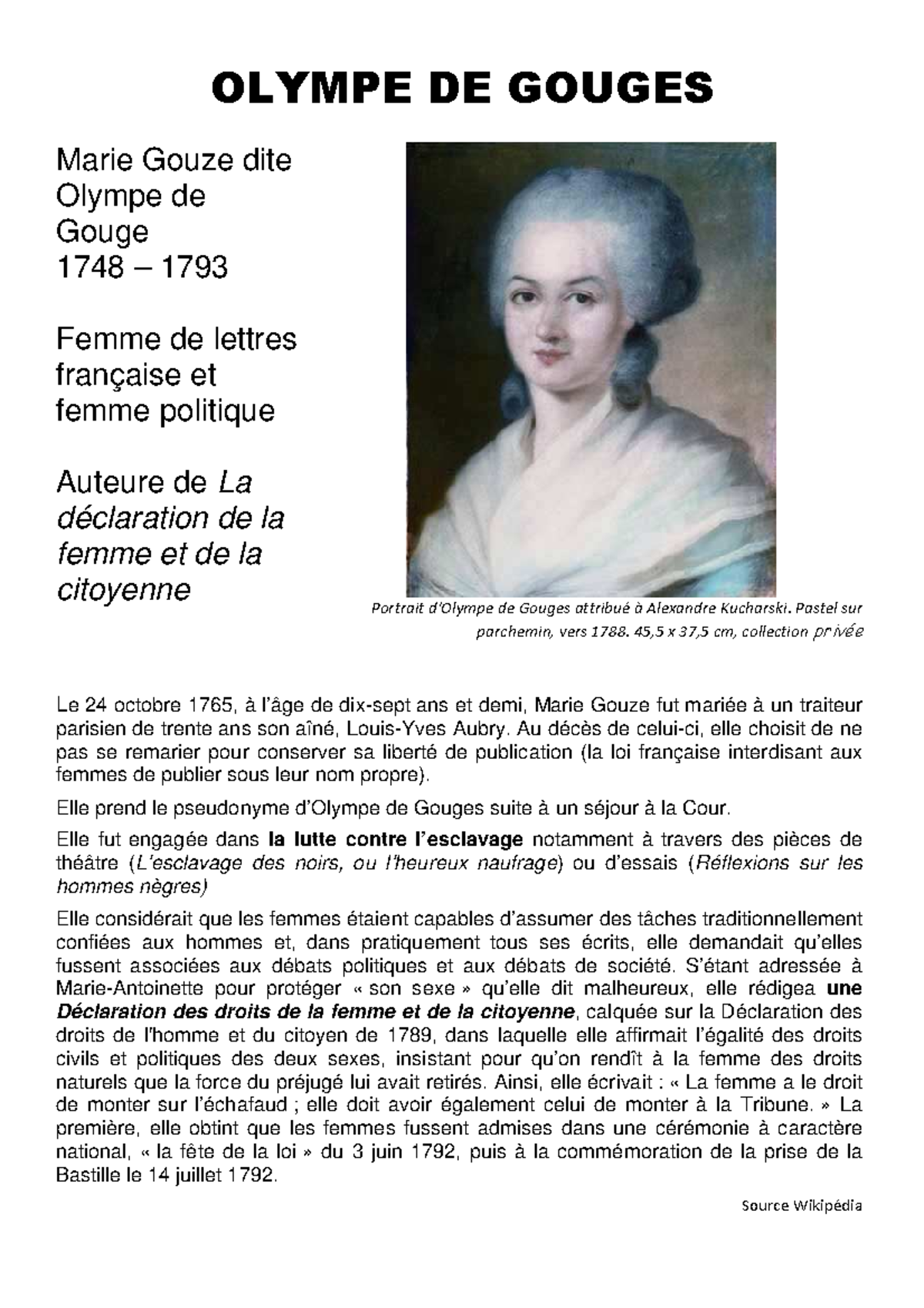 Olympe de Gouges - ODG - OLYMPE DE GOUGES Marie Gouze dite Olympe de ...