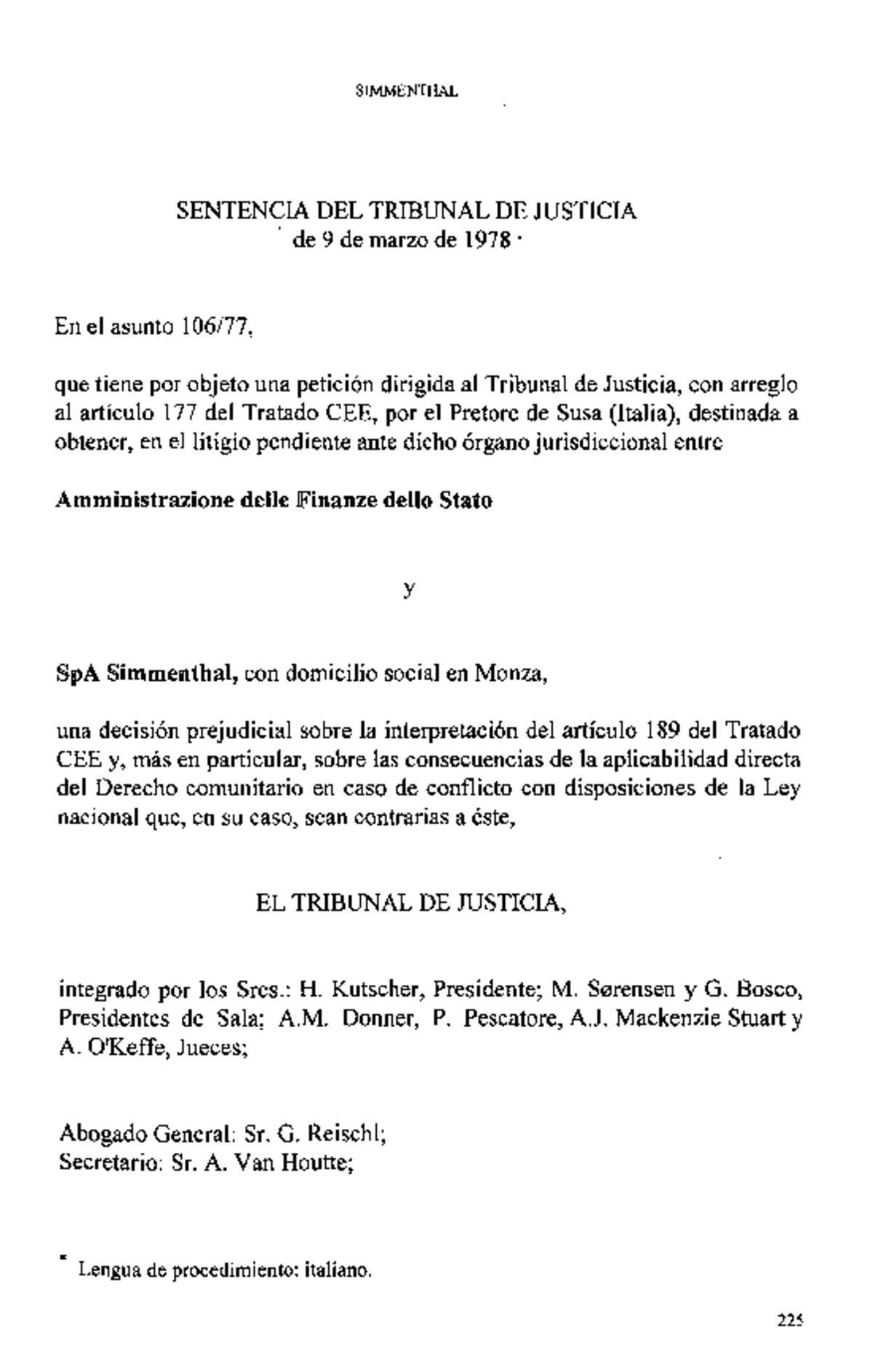 Sentencia del Tribunal de Justicia en el Caso Simmenthal (9/03/1978 ...